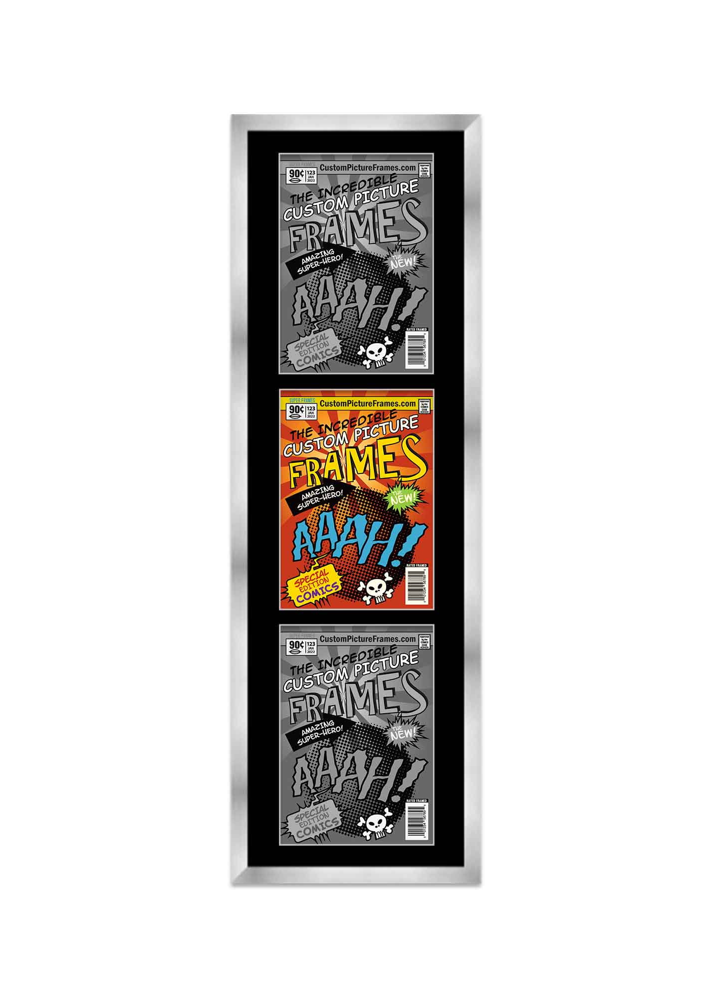 Silver Comic Book Frame with Black Mat - 3 Openingss to Display 3 7.25"x10.5" Bronze Age Comic ...