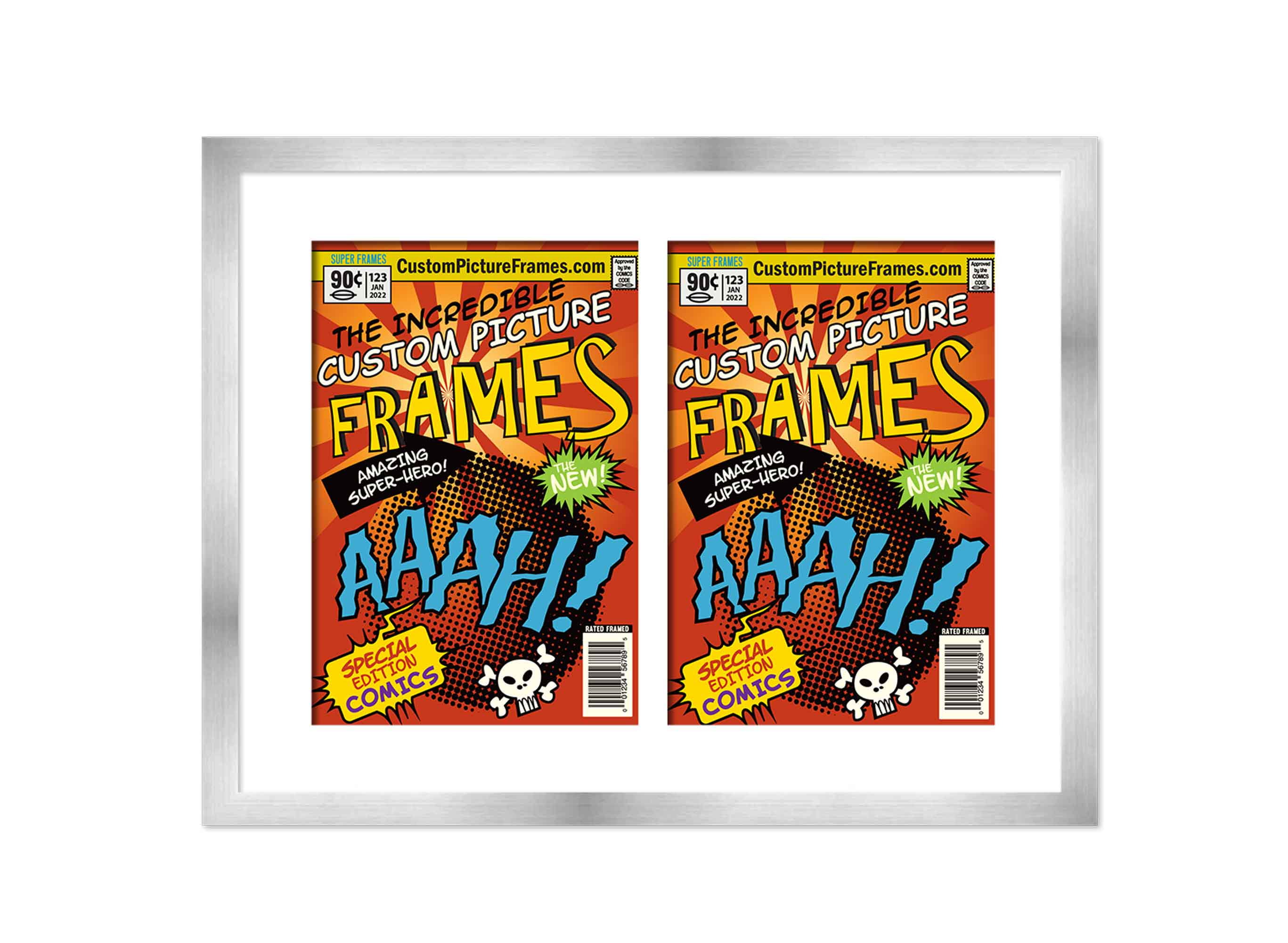 Silver Comic Book Frame with White Mat - 2 Openings to Display 2 6.875"x10.5" Current Era Comic ...