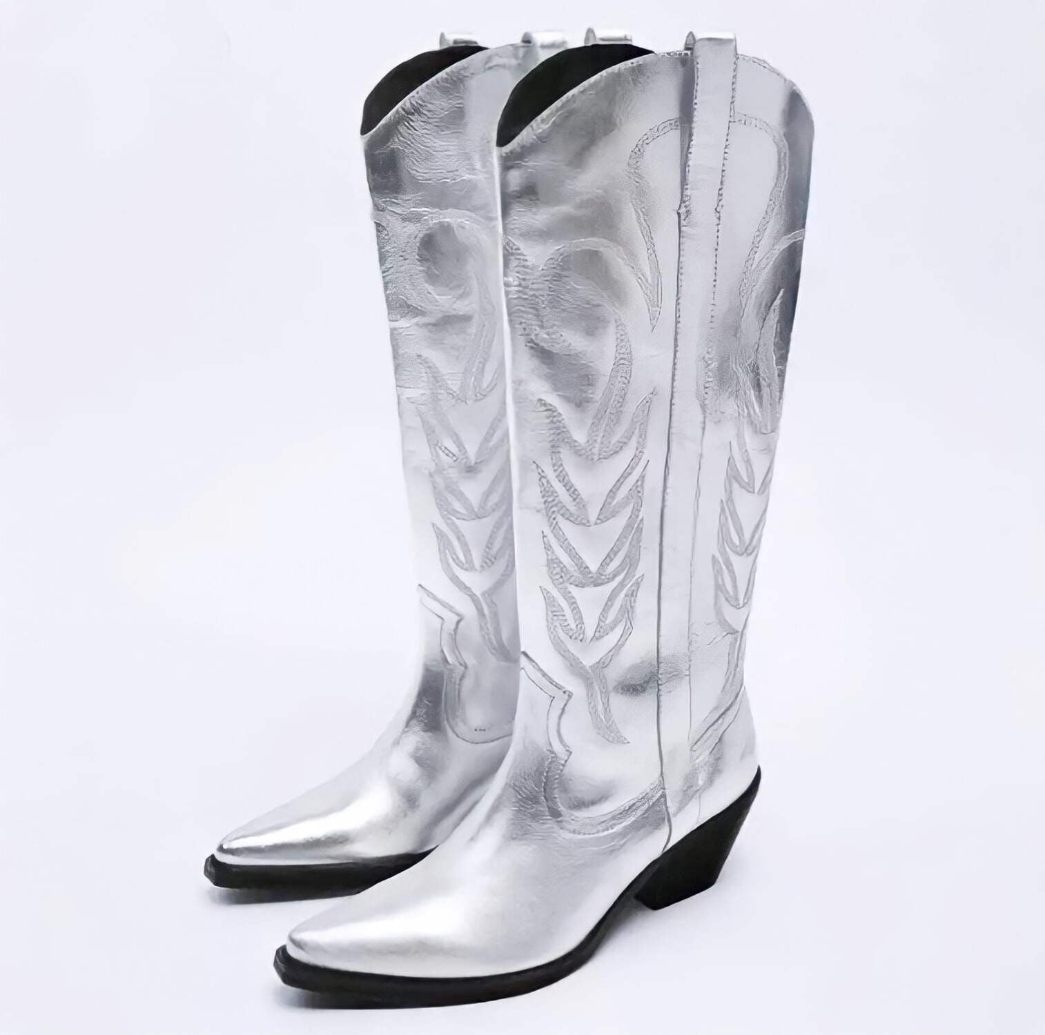 Silver Cowboy Boots Mid Calf Metallic Embroidered Western Style ...
