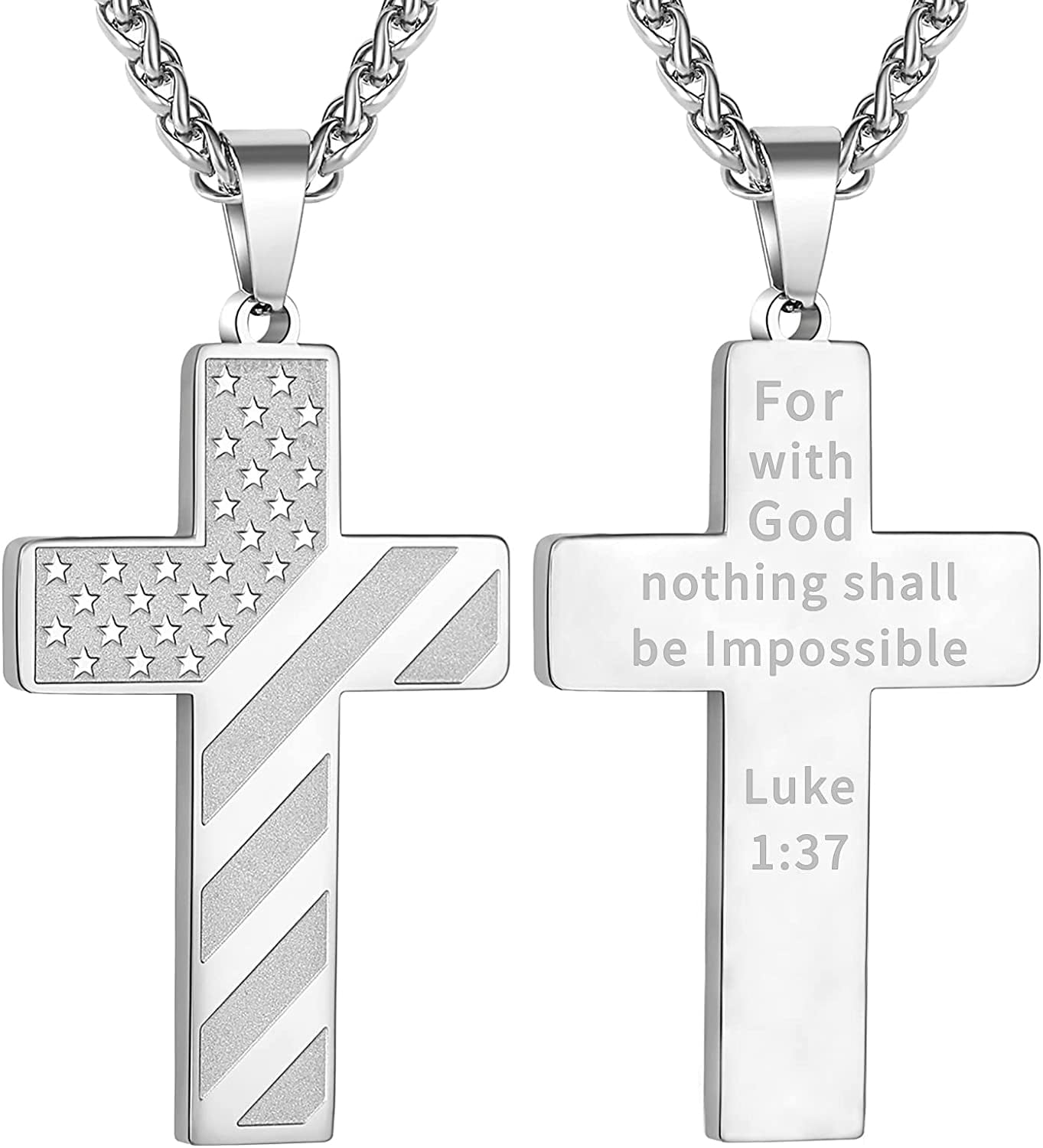 Silver Cross Necklace for Men Bible Verse Stainless Steel American Flag ...