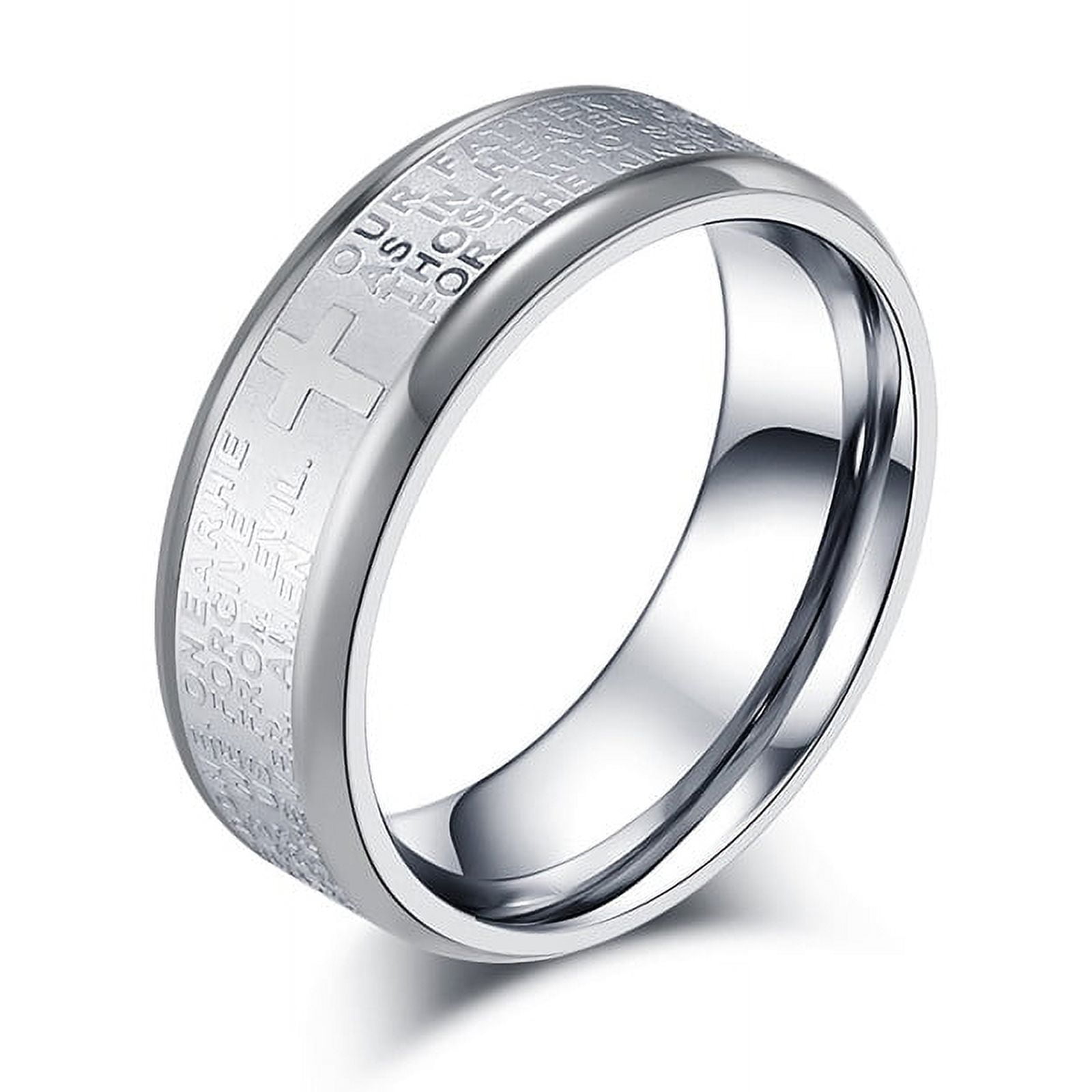 Silver Cross Prayer Ring for Men – Stainless Steel Lord’s Prayer Band ...