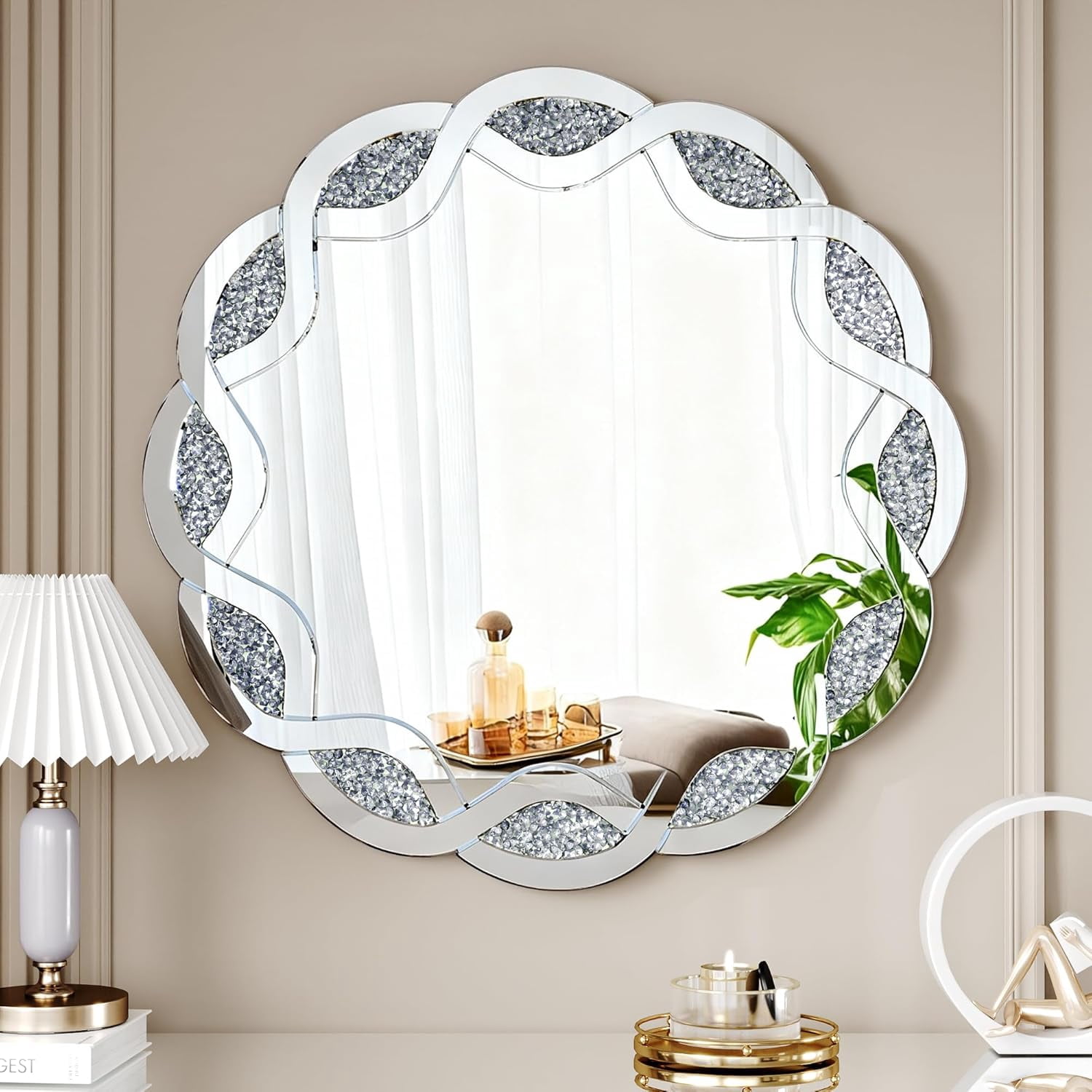 Silver Crush Diamond Round Wall Mirror 31 Inch Wave Frame Decorative ...