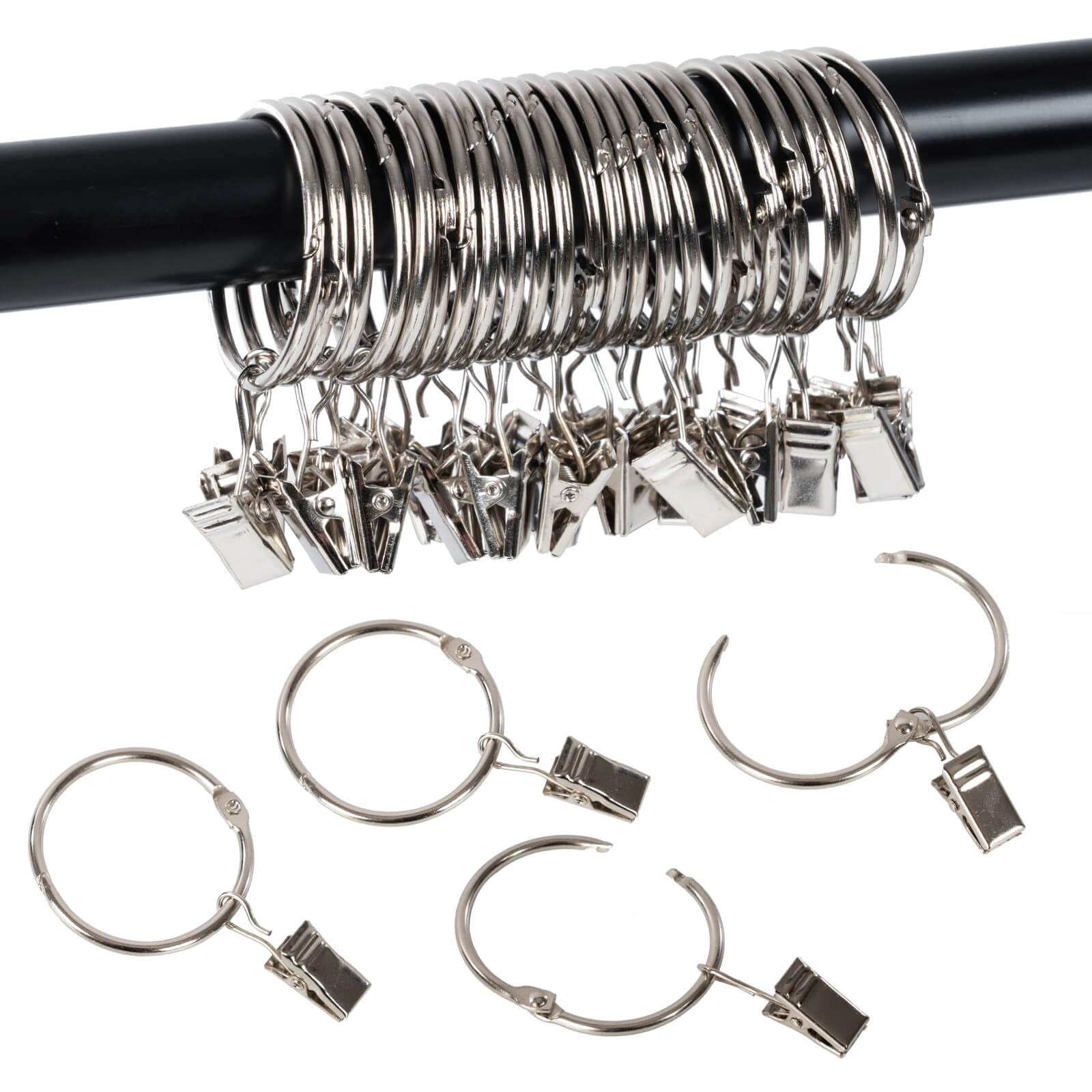 Silver Curtain Rings with Clips 1.25" Inside Diameter Drapery Rod ...