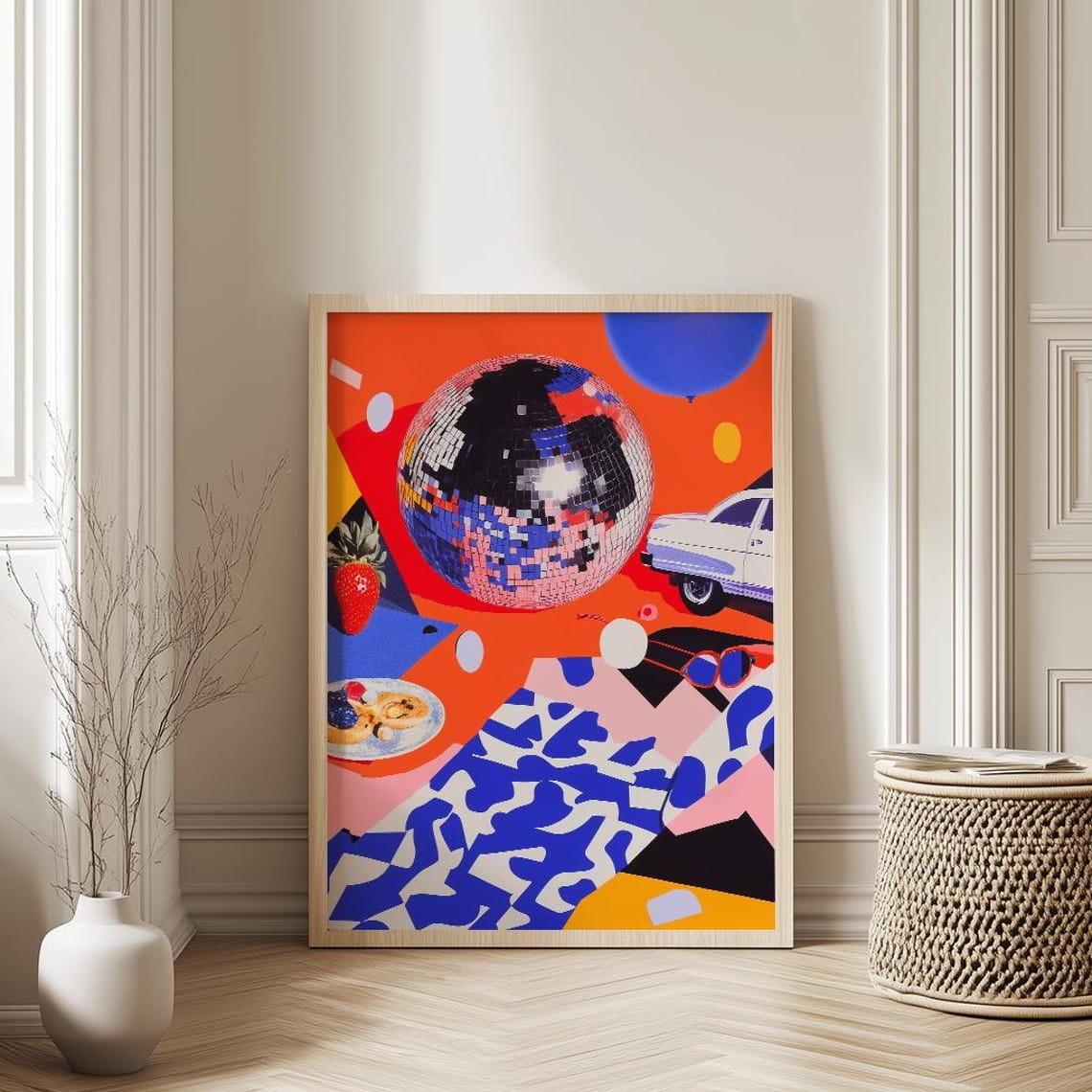 Silver Disco Ball Maximalist Painting, Collage Art Print, Bright Pastel ...
