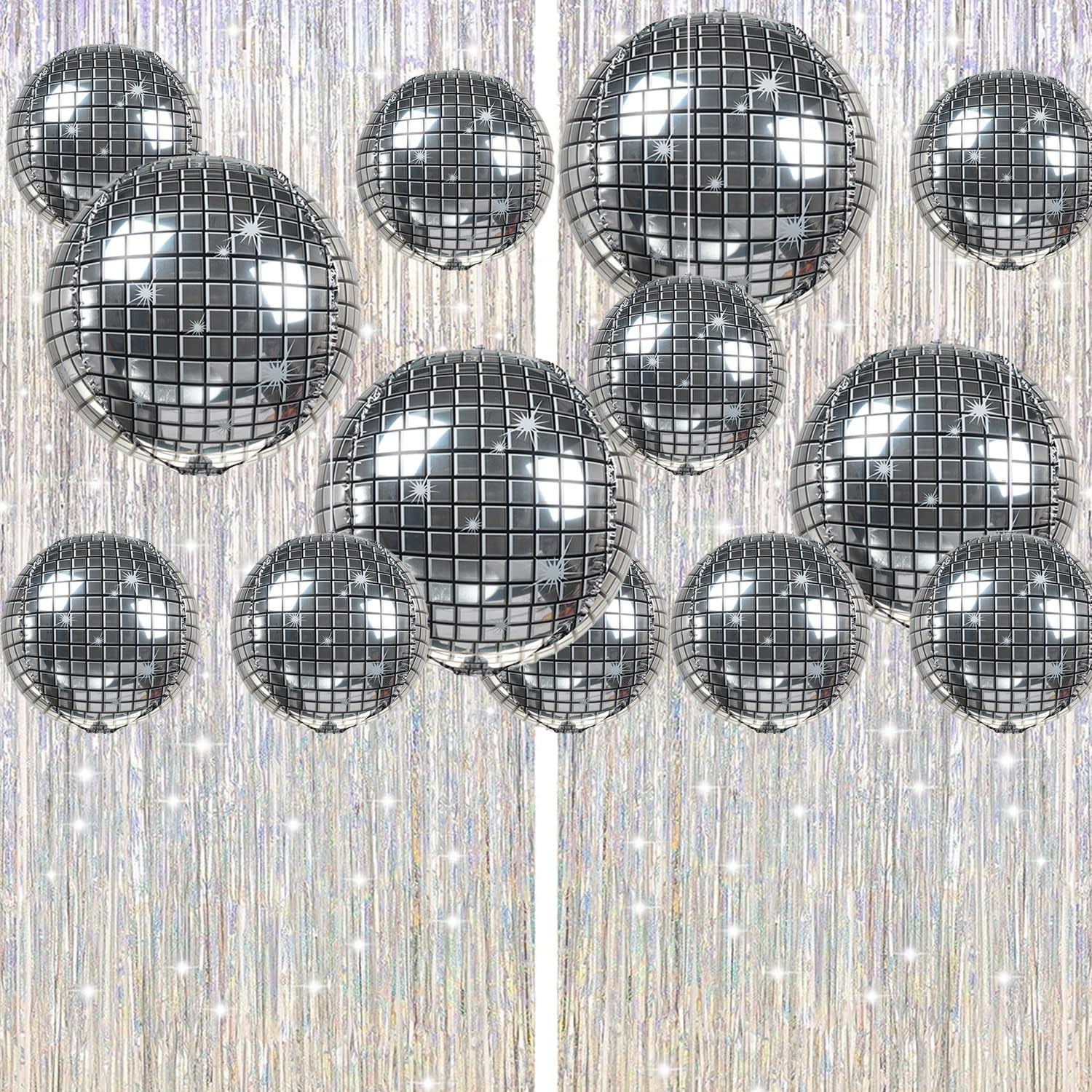 Silver Disco Decor 16pcs Big Shiny Disco Balloons Tinsel Curtain ...