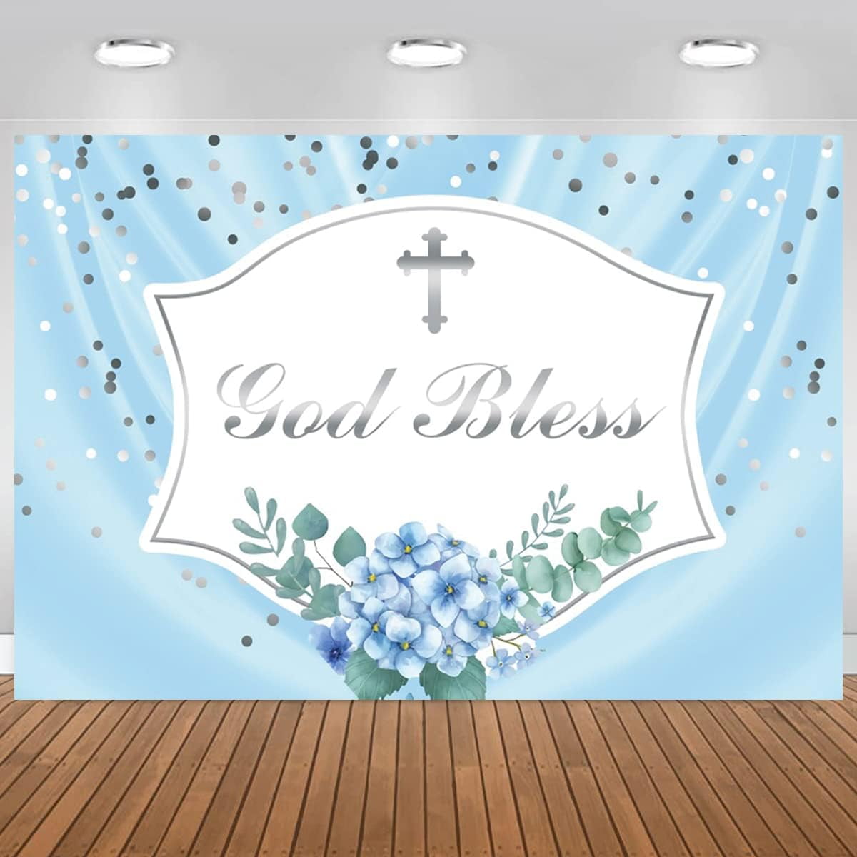 Silver Dots God Bless Baptism Backdrop Little Blue Flower Cross Baptism ...