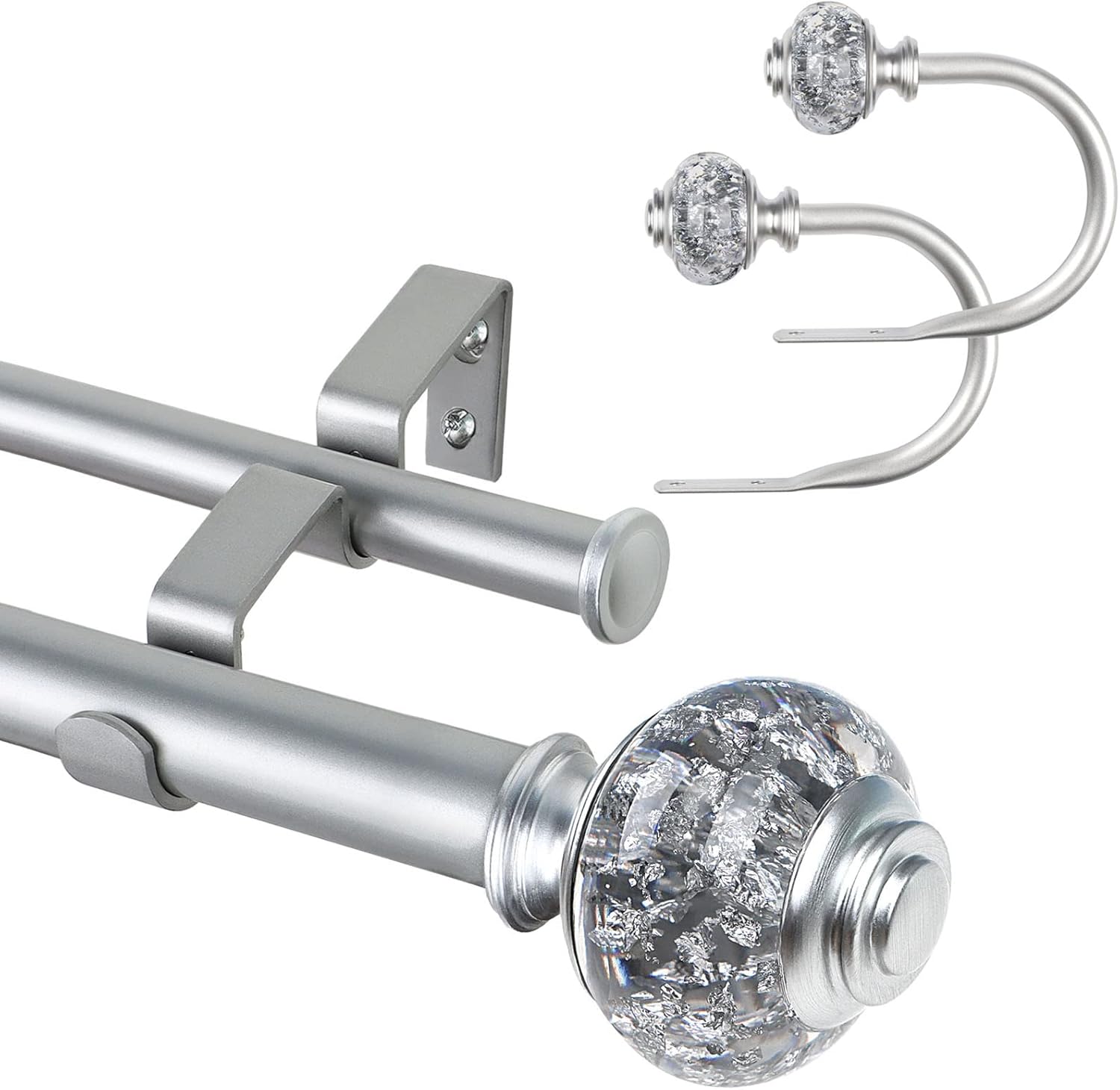 Silver Double Curtain Rods 140 To 190 Inches with 2 Pack Silver Curtain ...