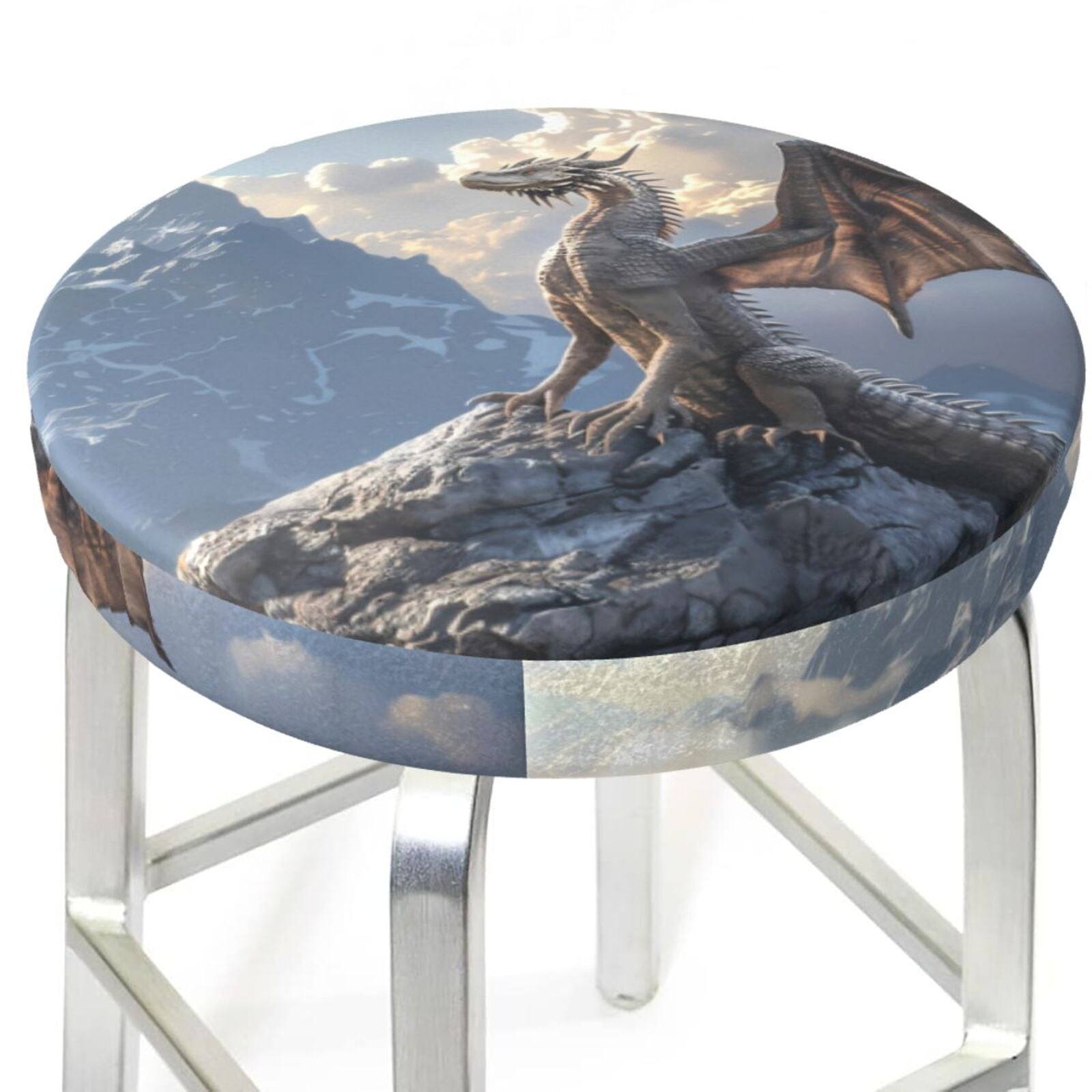 Silver Dragon Mountain Peaks Round Bar Stool Seat Covers, Elastic Round ...