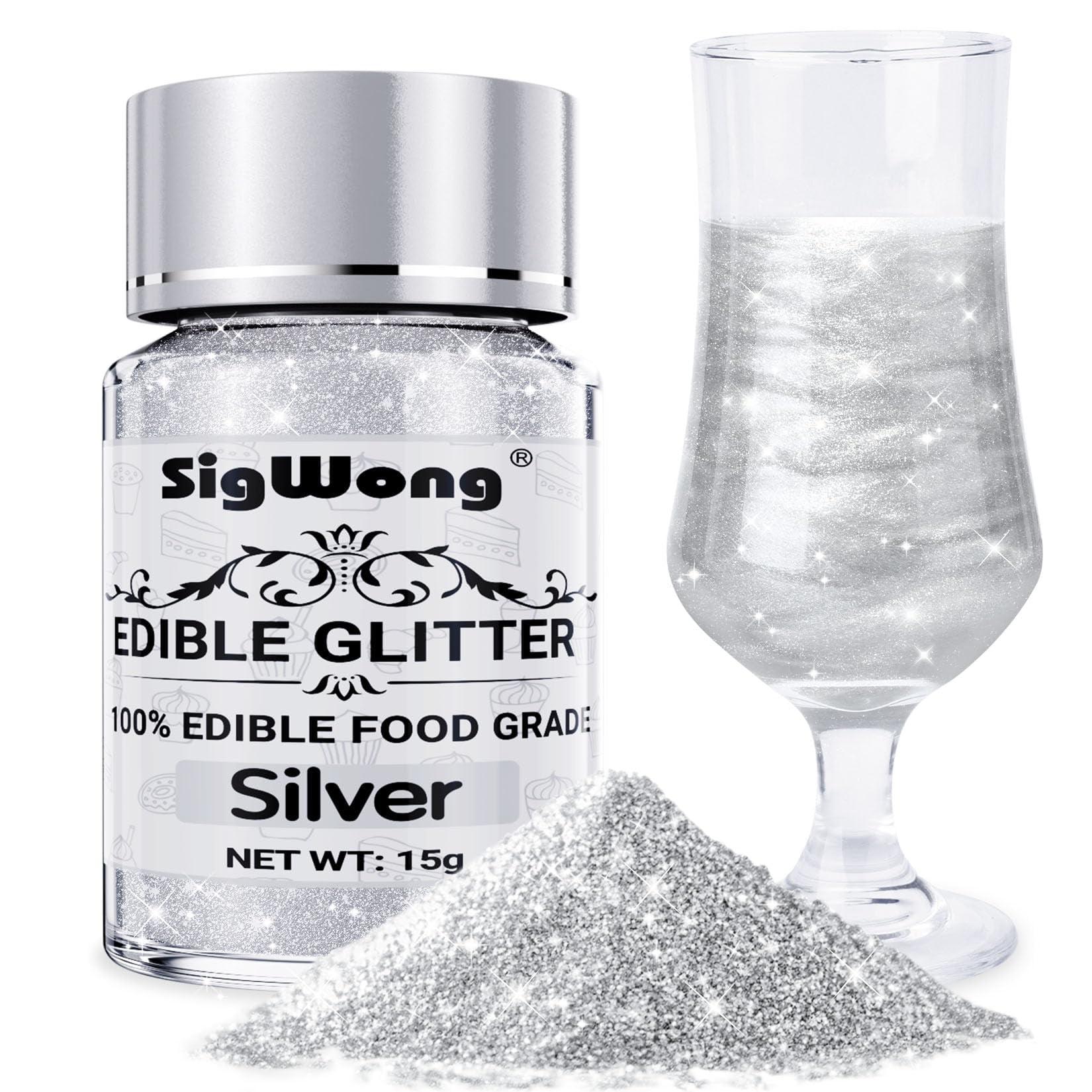 Silver Edible Glitter - 15g Food AIS1 Grade Luster Dust Powder, Cake ...