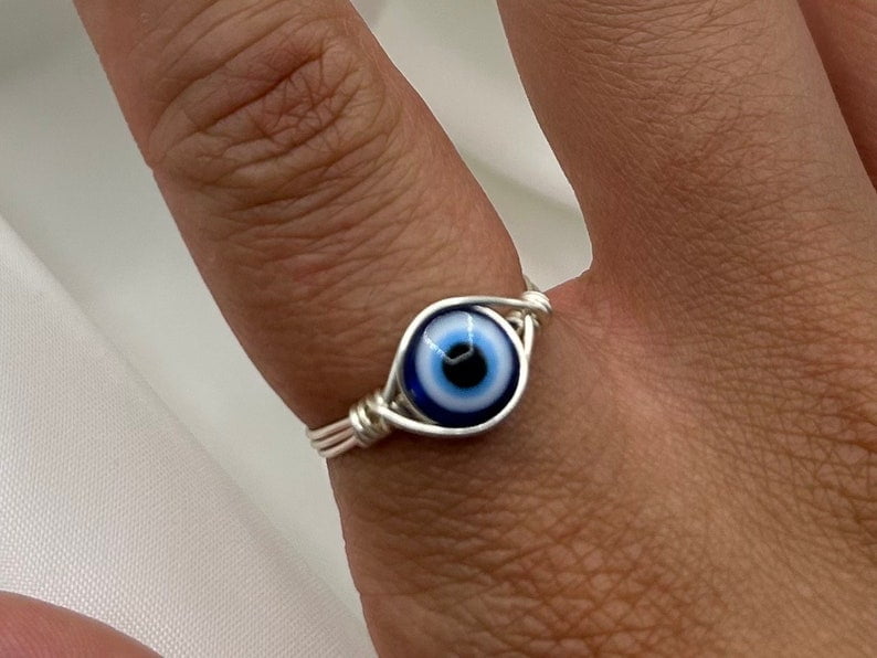 Silver Evil Eye Ring, Hippie Wire Wrapped Ring, All Seeing Eye, Blue Eye Ring, Evil Eye Jewelry ...