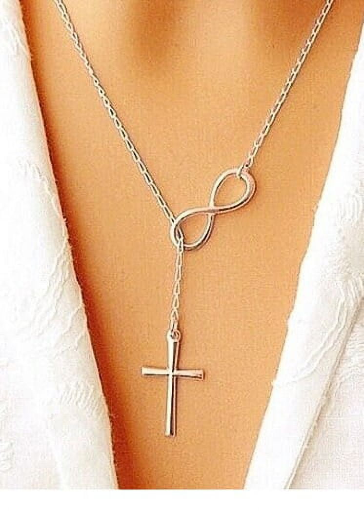 Silver Filled High Polish Finish Infinity Drop Cross Lariat Necklace ...