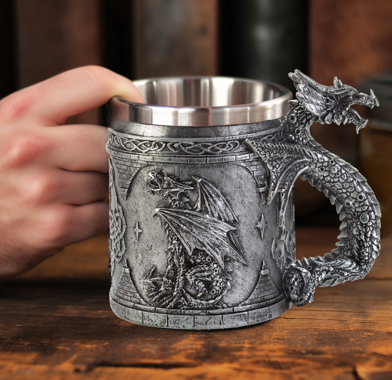 Silver Fire Beowulf Dragon Beer Stein Tankard Coffee Cup Mug Great Gift ...
