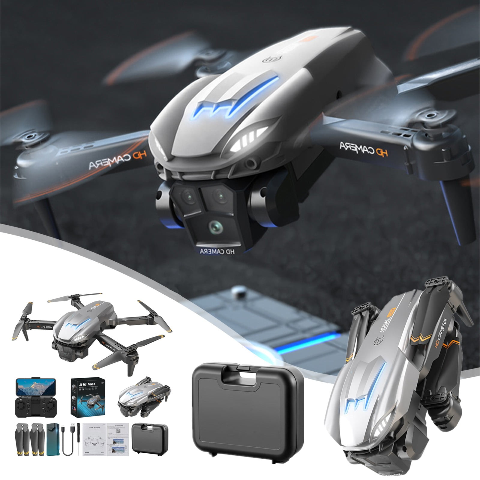 Silver Fpv Drone 3 Cameras Wind Resistance Headless Mode Gesture ...