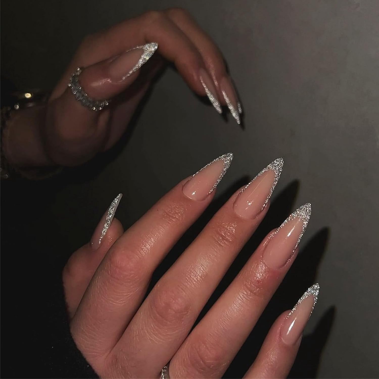 Silver French Tips Long Stiletto Press on Nails with Sparkly Design ...