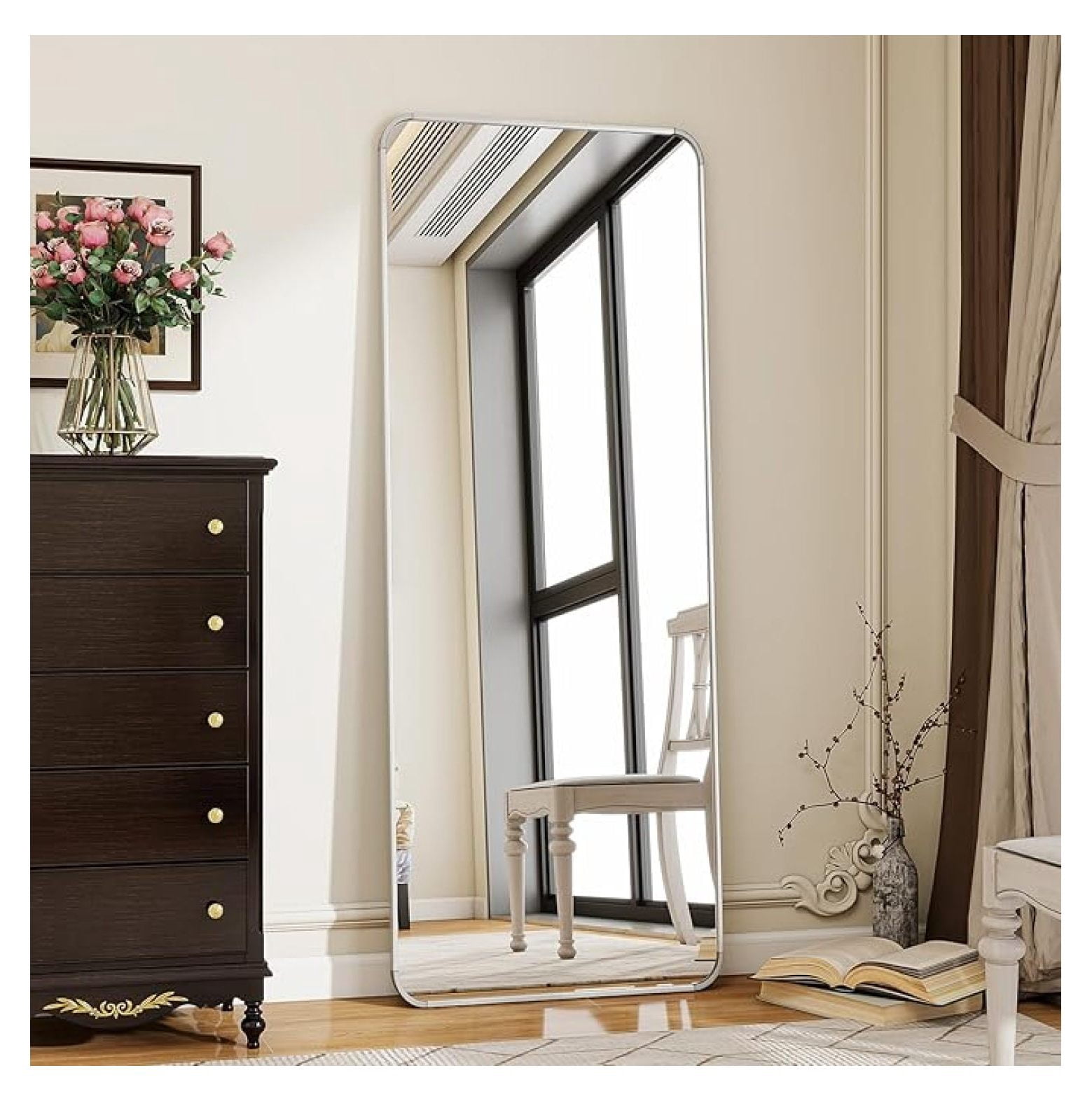 Silver Full Length Mirror, 56"x21" Rounded Corner Floor Mirror Standing ...
