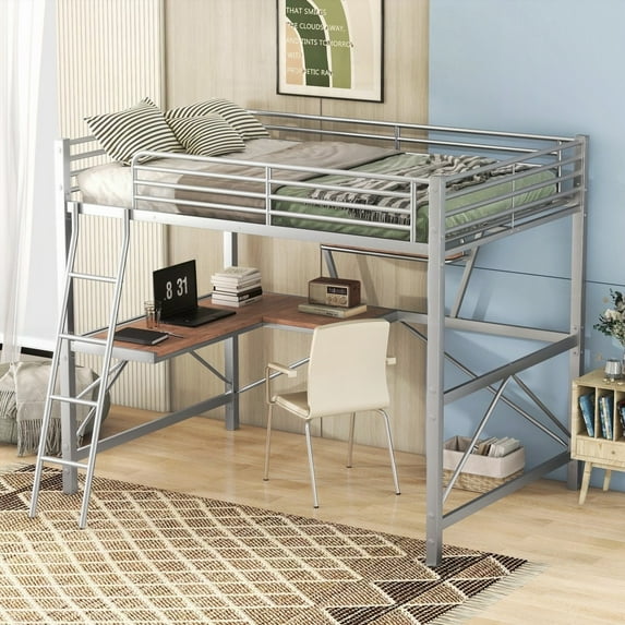 Silver Full Size Loft Metal&MDF Bed - Integrated Ladder & Desk Shelf ...