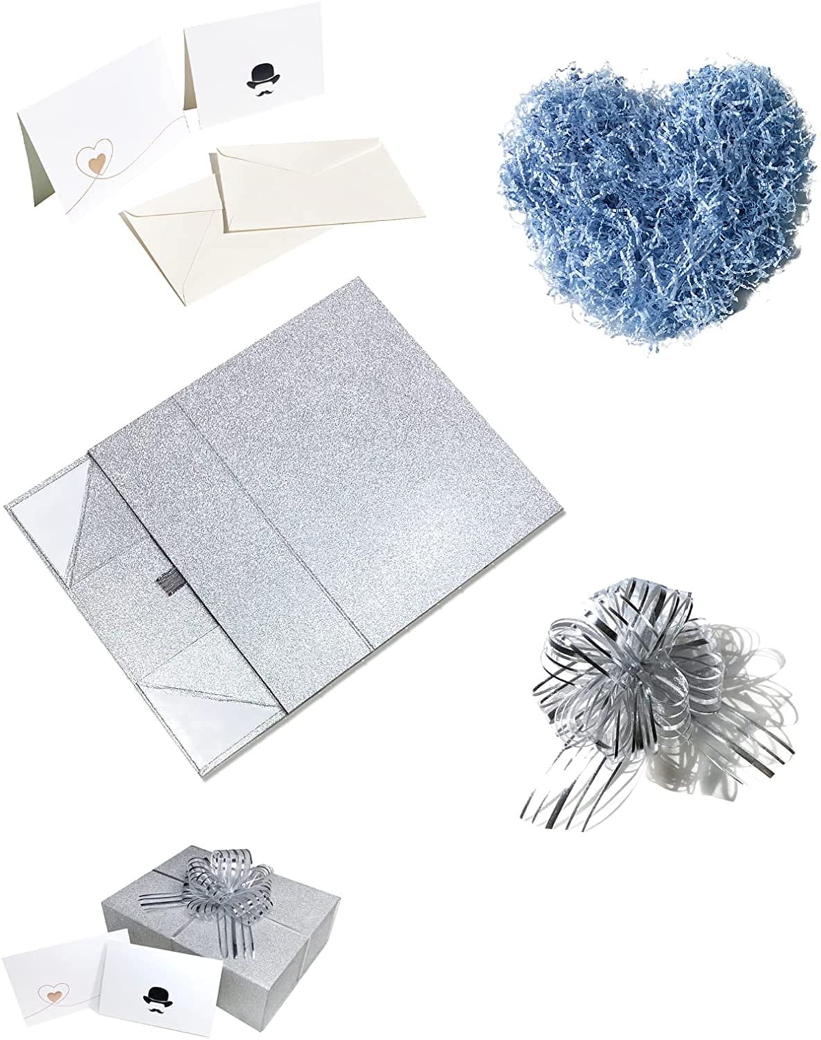 Silver Gift Box with Magnetic Flap 9.5x7x4 Inches, Bow, Cards & Crinkle ...