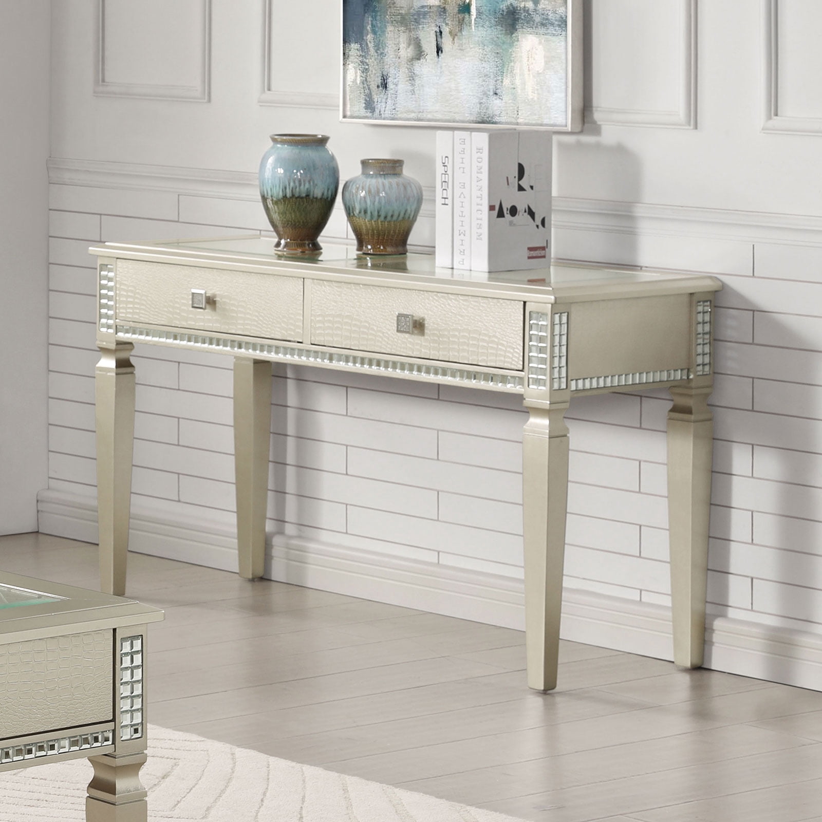 Silver Glam Sofa Table with Storage Drawers, 5mm Tempered Diamond Glass ...
