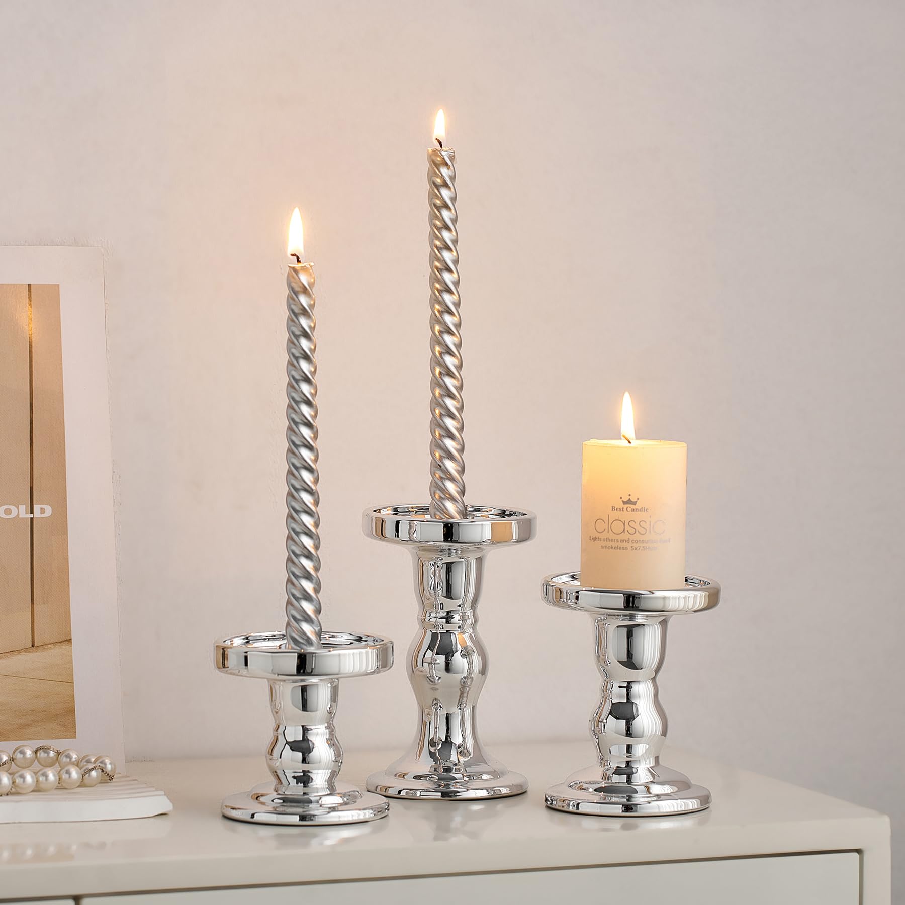 Silver Glass Candlestick Holders - 3 Pcs Taper Candle Holders for ...