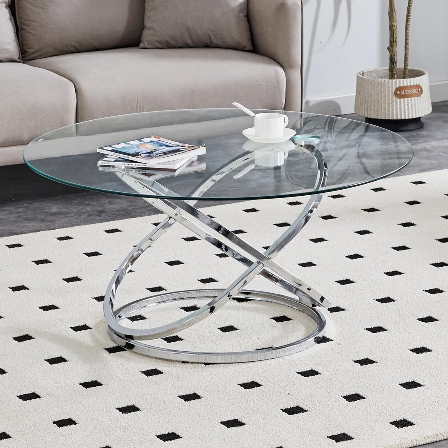 Silver Glass Coffee Table 39.4 Inch Round Modern Living Room Table ...
