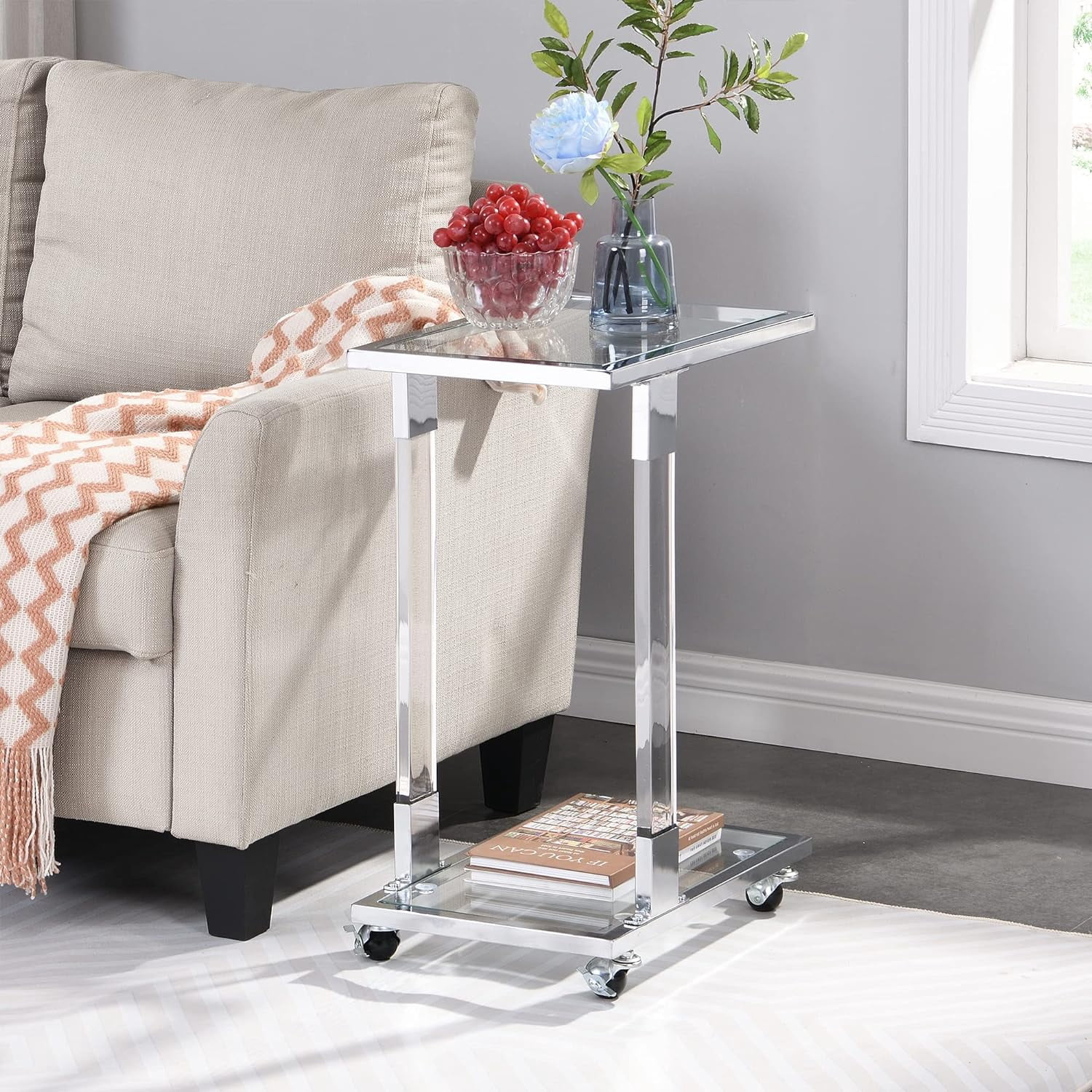 Silver Glass End Table C Shaped Chrome Side Tables with Movable Wheels ...