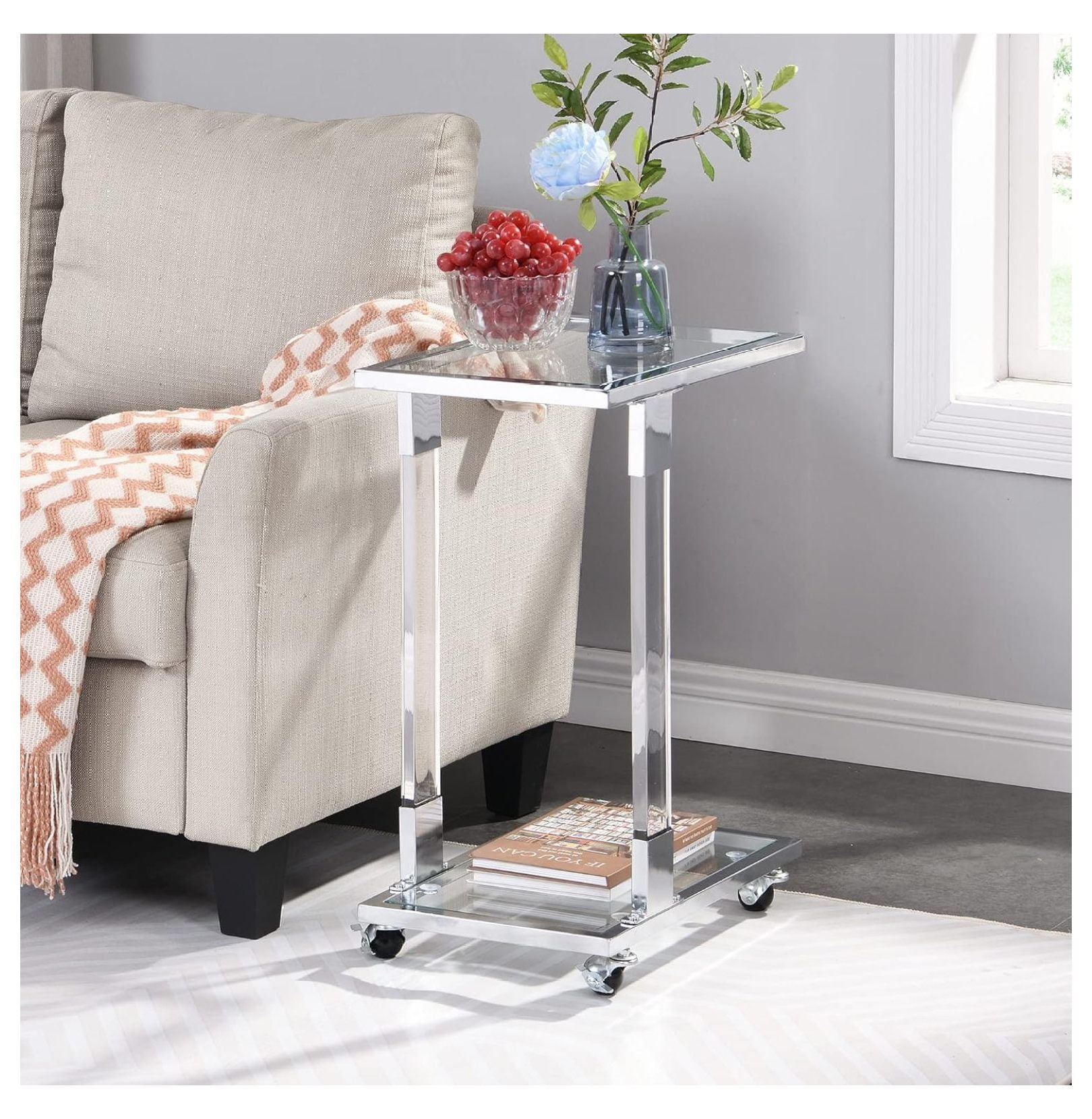 Silver Glass End Table C Shaped Chrome Side Tables with Movable Wheels ...