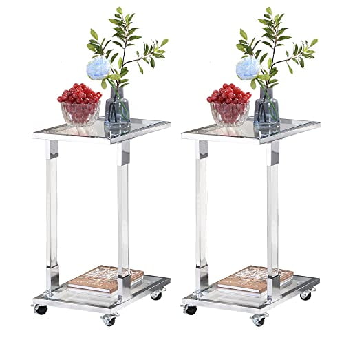 Silver Glass End Table Set of 2, C Shaped Movable Acrylic Side Tables ...