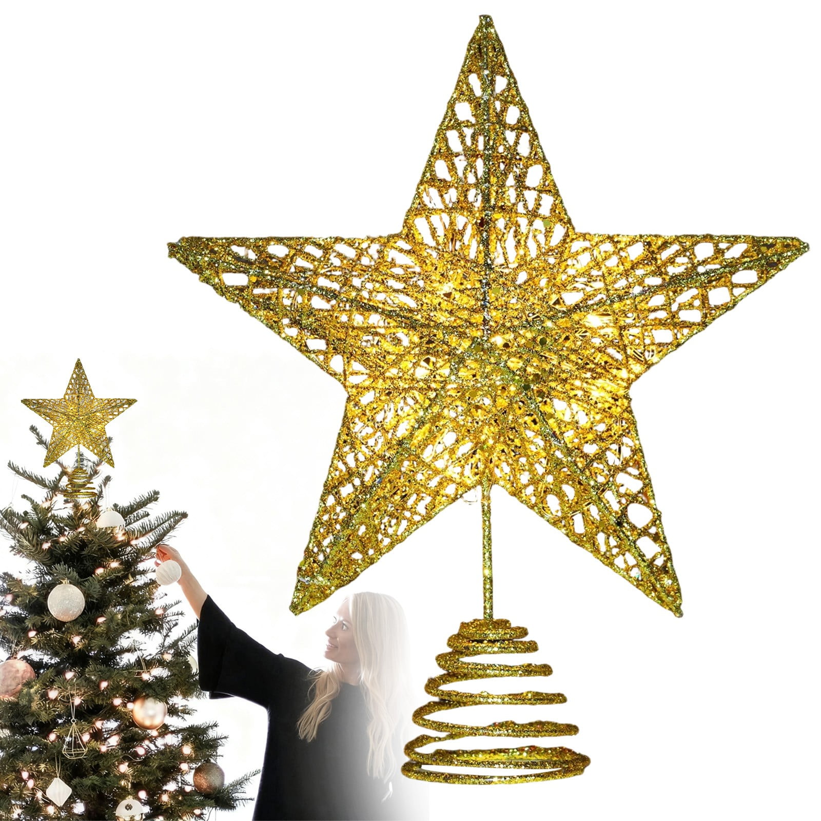 Silver Glitter Christmas Tree Topper – 20cm Five-Point Star with 20 LED ...
