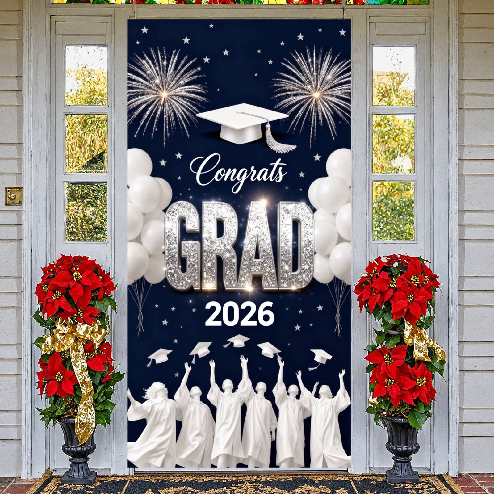 Silver Glitter Congrats Grad Banner Navy Blue Graduation Backdrop ...