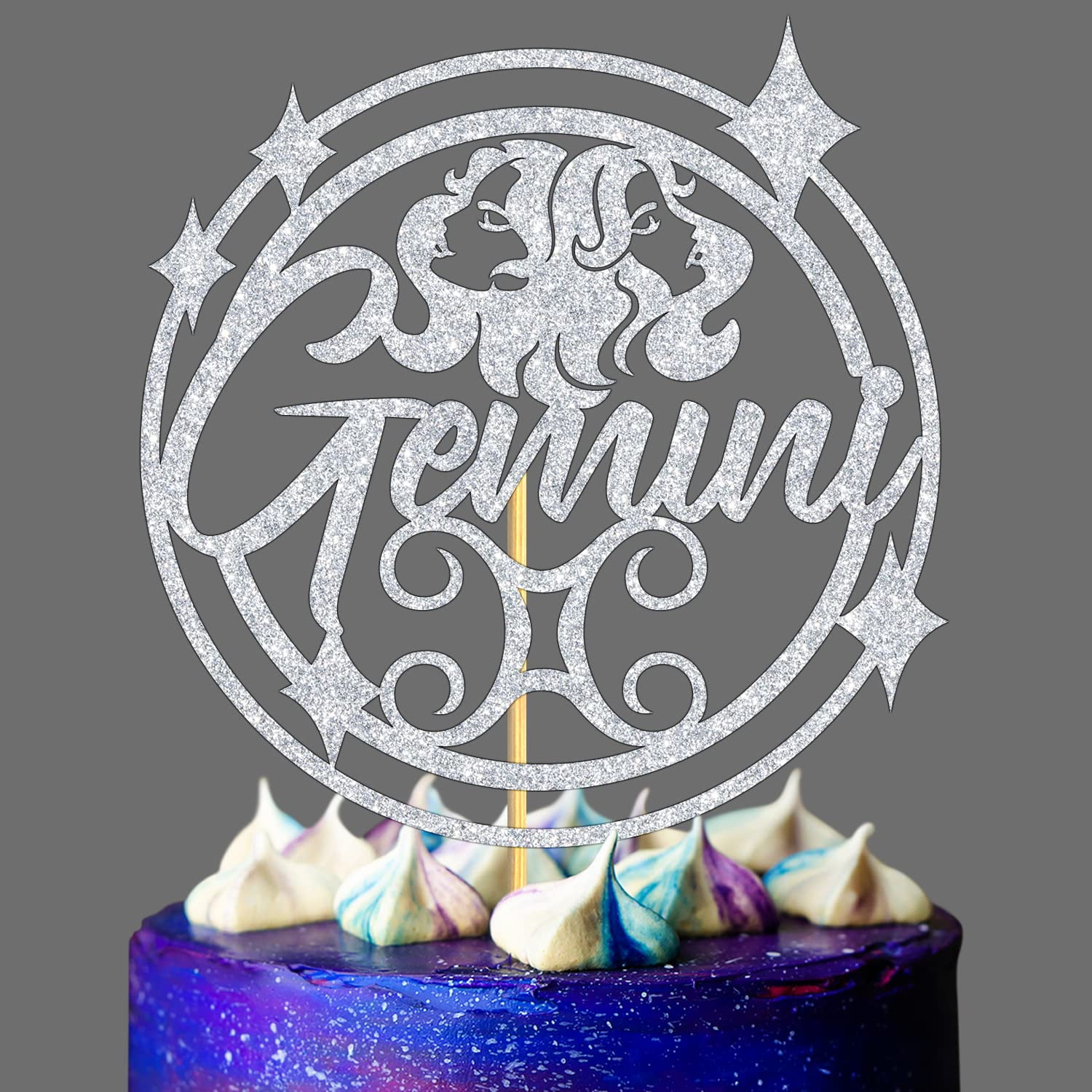 Silver Glitter Gemini SCH4 Birthday Cake Topper, Zodiac Constellation Theme May June Birthday ...