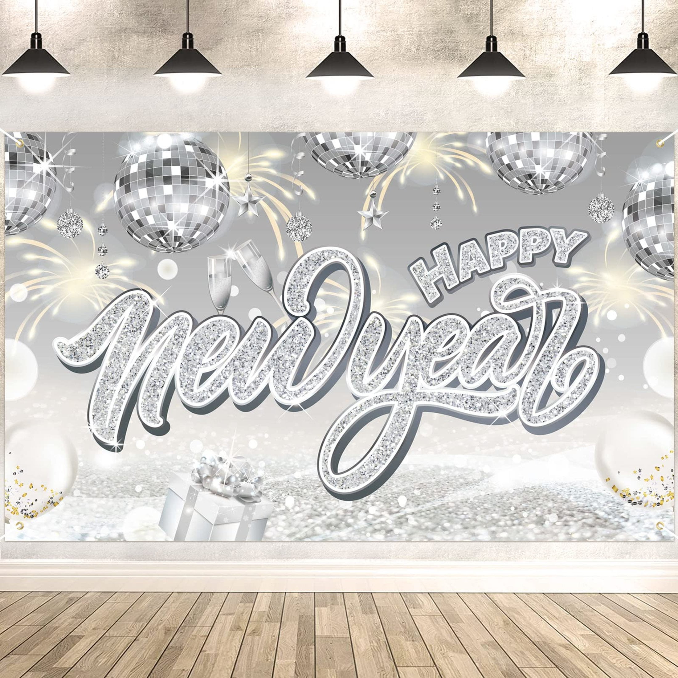 Silver Glitter Happy New Year Fabric Banner - Large Photo Background ...
