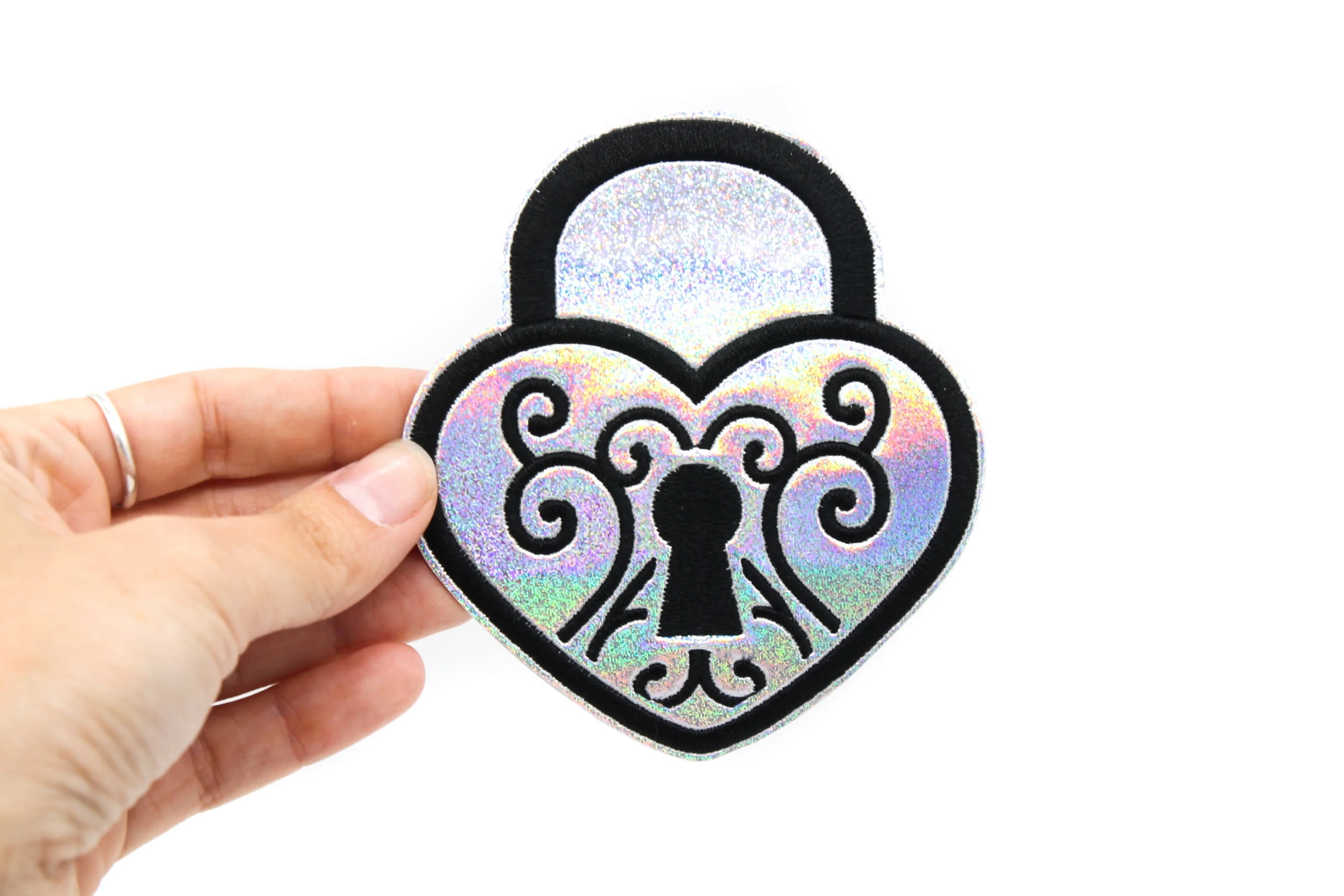 Silver Glitter Holographic Heart Lock Iron On Vinyl Embroidered Patch ...