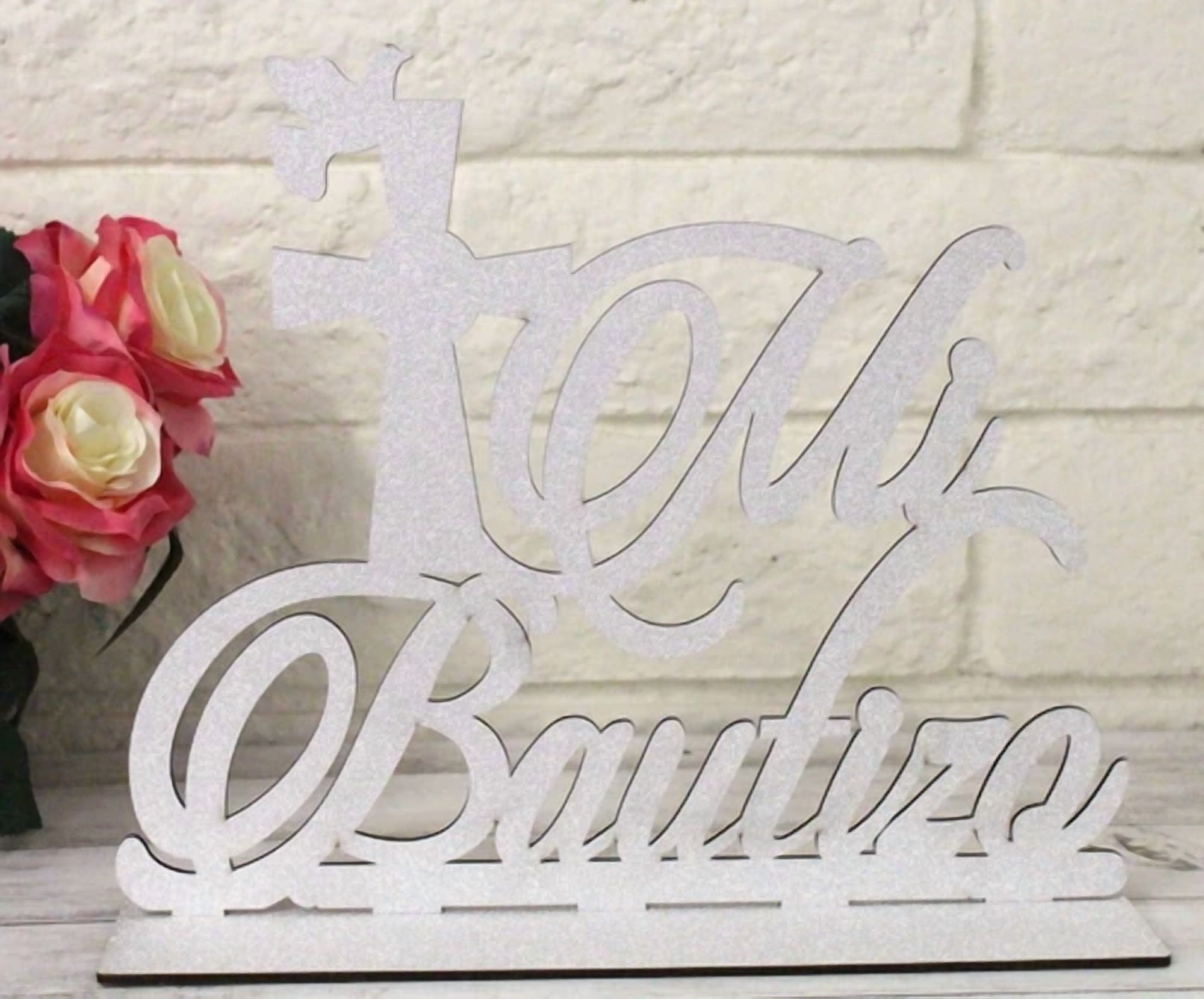 Silver Glitter Mi Bautizo Wood Mdf W/Stand Centerpiece Sign Party Favor ...