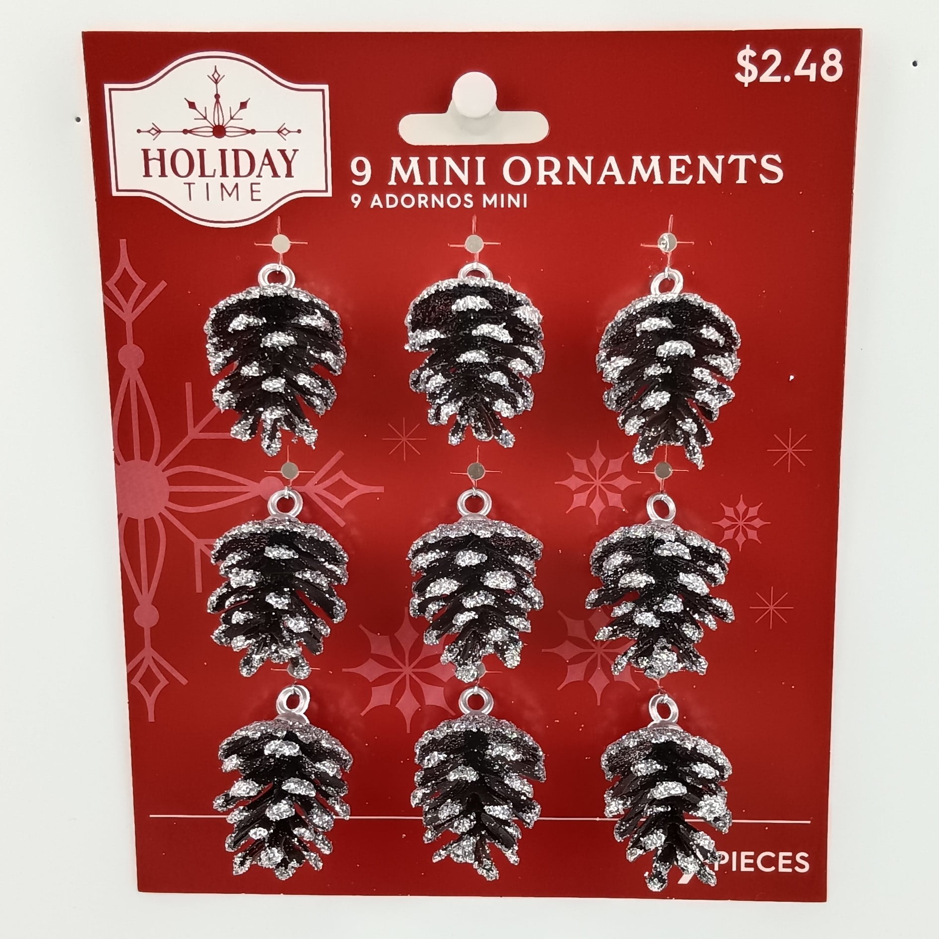 Silver Glitter Pinecone Mini Ornaments, 9 Count, by Holiday Time ...