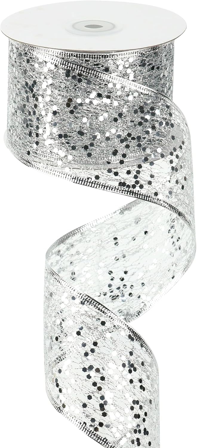 Silver Glitter Ribbon Wire Mesh Ribbon with Sparkle Silver Christmas ...