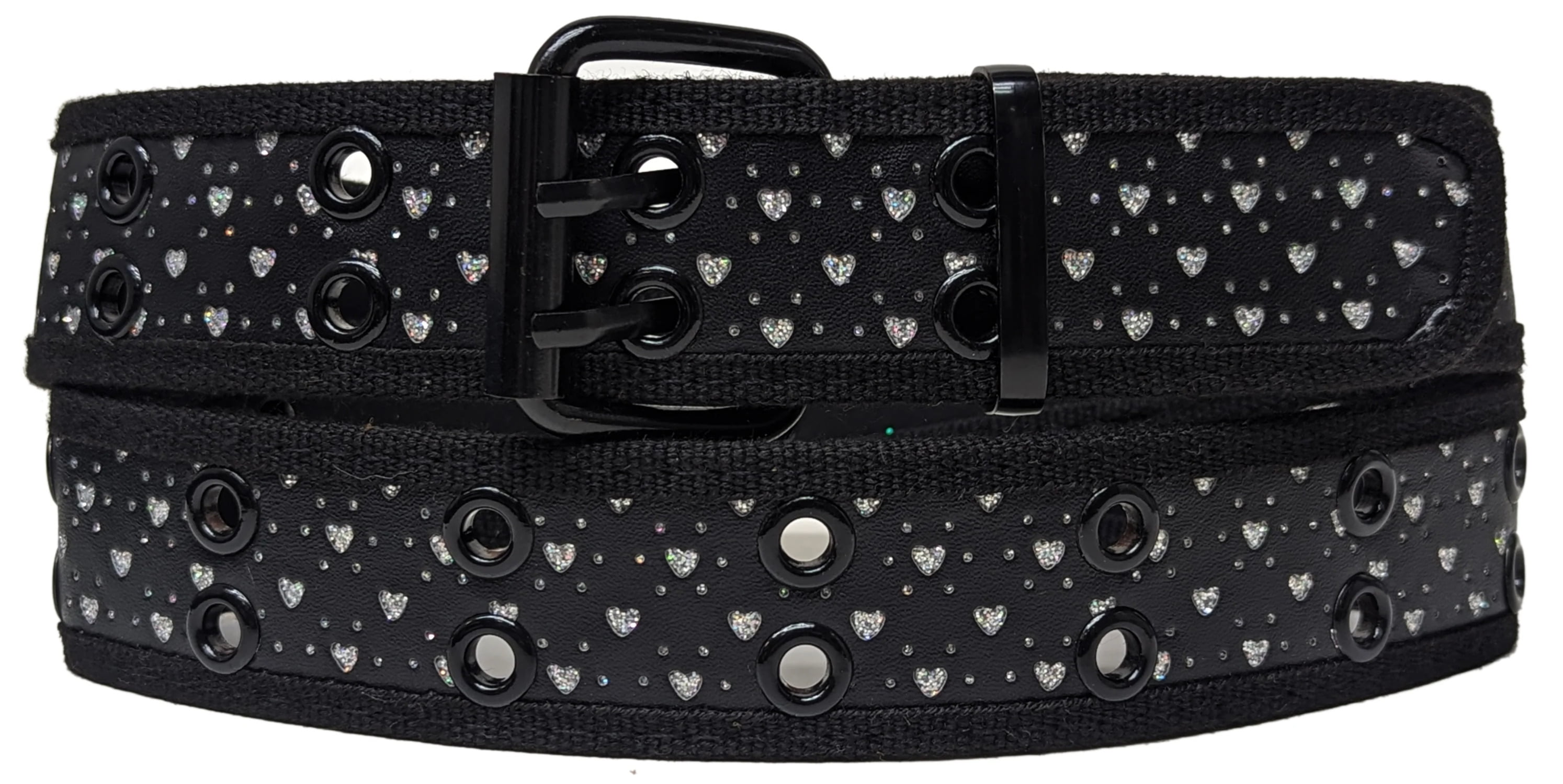 Silver Glitters Hearts 2 Holes Row Metal Grommet Stitched Black Leather ...