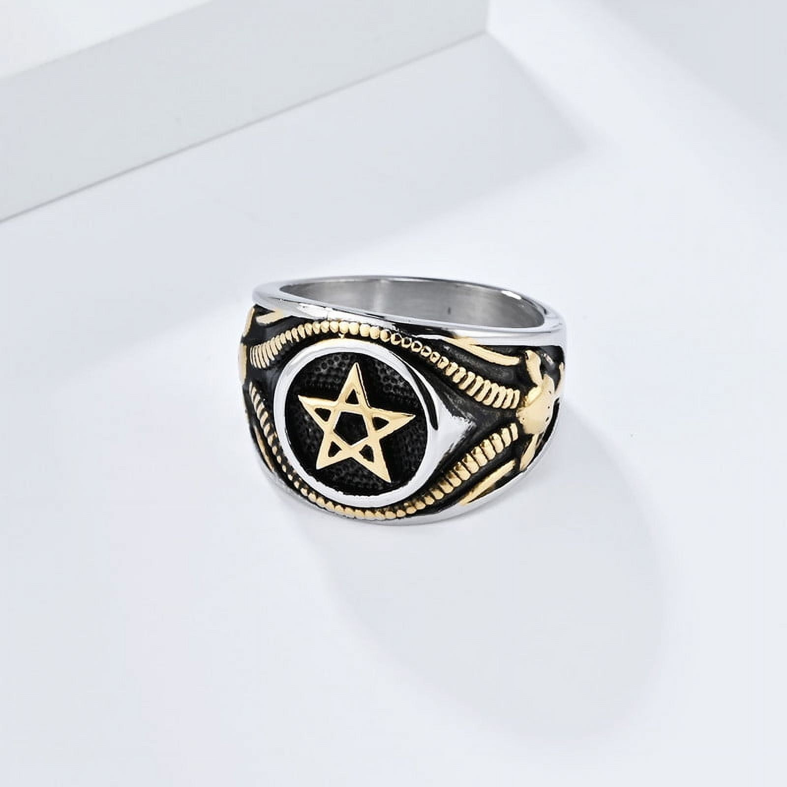 Silver & Gold Pentagram Ring for Men – Gothic Stainless Steel Band with ...