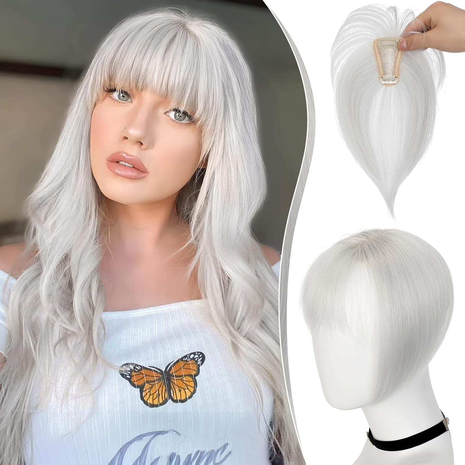 Silver Gray Clip in Bangs, 360° 3D Cover Bangs Hair Clip, Fake Bangs ...