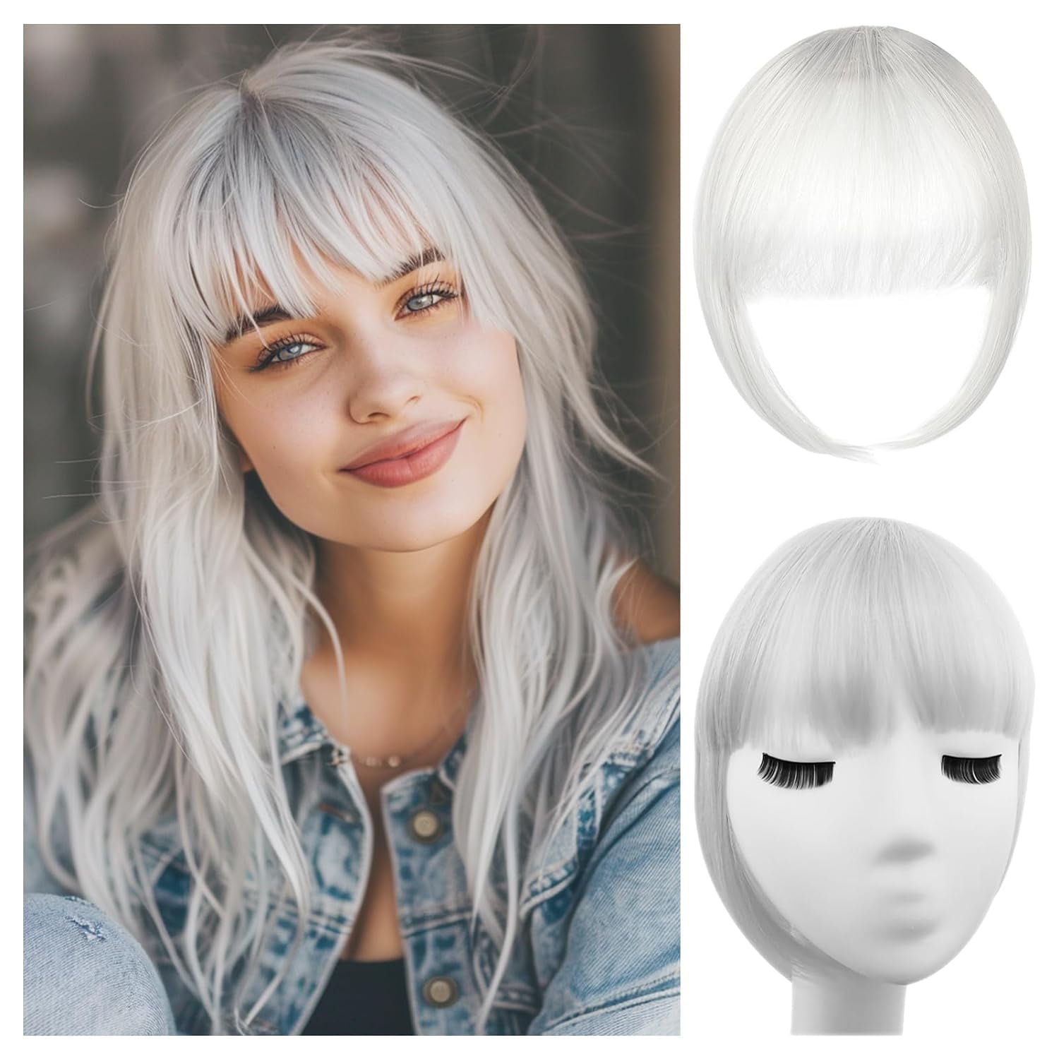 MQOUO Silver Gray Clip on Bangs - 100% Human Hair French Style Thick ...