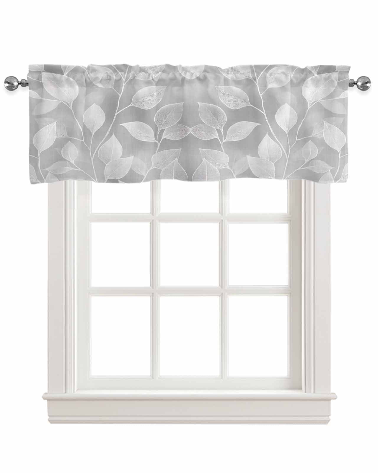Silver Gray Leaves Kitchen Valances for Windows Farmhouse Linen Window ...