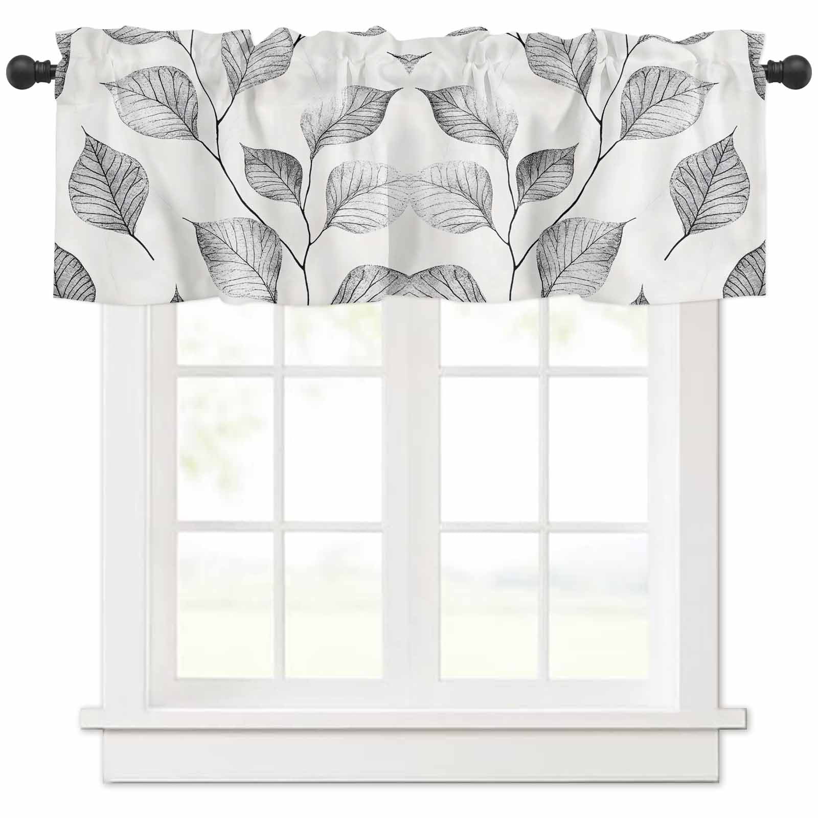 Silver Gray Leaves Valances for Windows Farmhouse Kitchen Curtains ...
