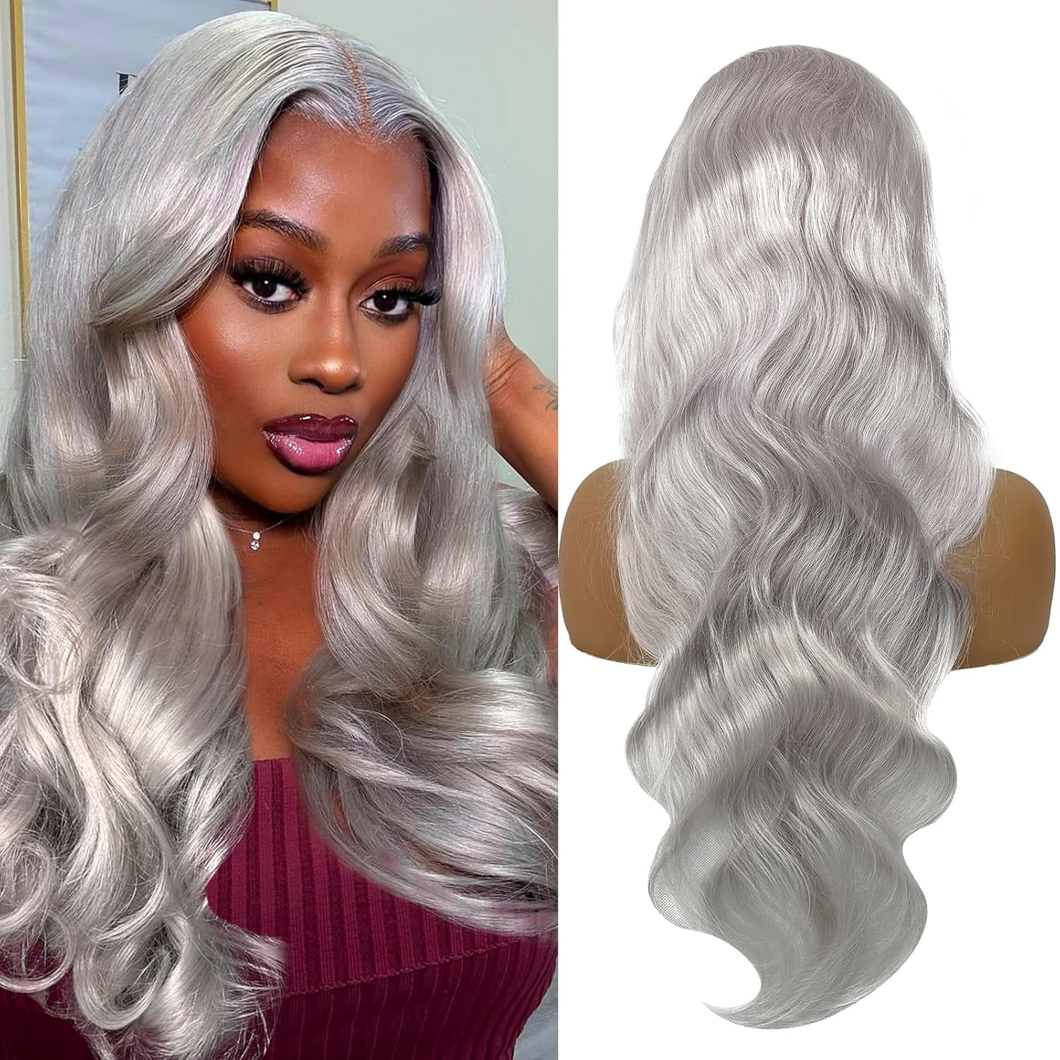 Silver Grey Body Wave 32 inch 180% Density HD Transparent Lace Frontal ...
