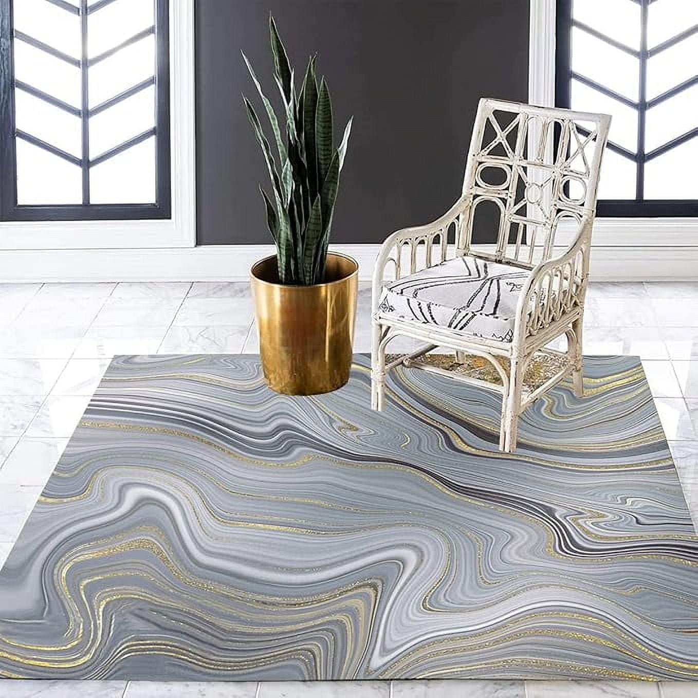 Silver Grey Gold Marble Swirl Area Rugs Soft Washable Modern Abstract ...