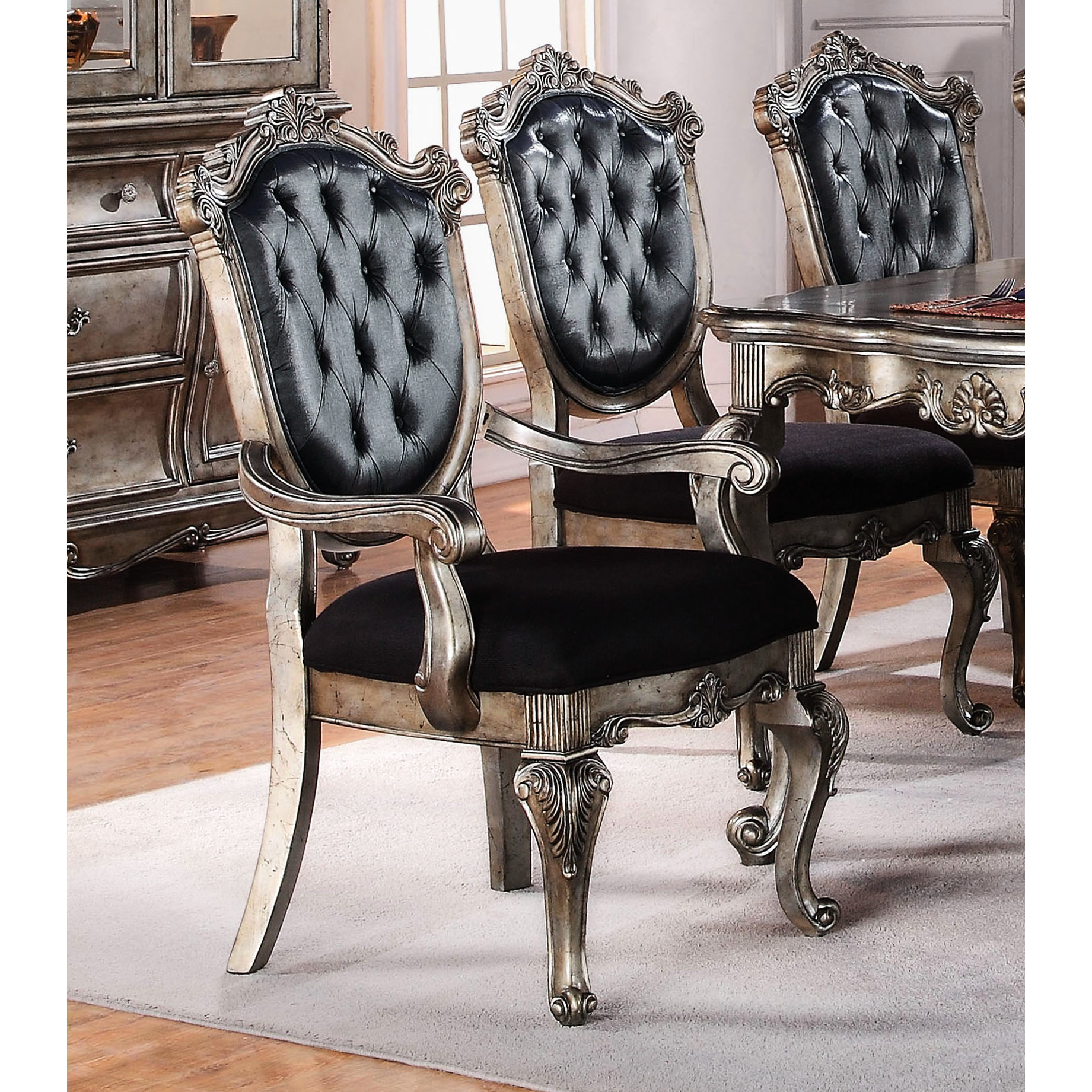 Silver Grey Silk - like Back & Black Padded Seat - Scrolled Details ...
