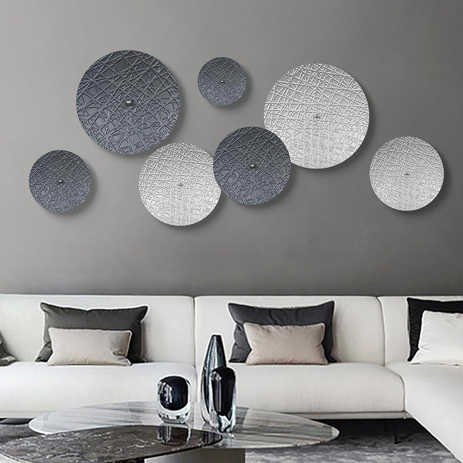 Silver and Grey Wall Decor for Living Room, 7PCS Metal Wall Art Hanging ...