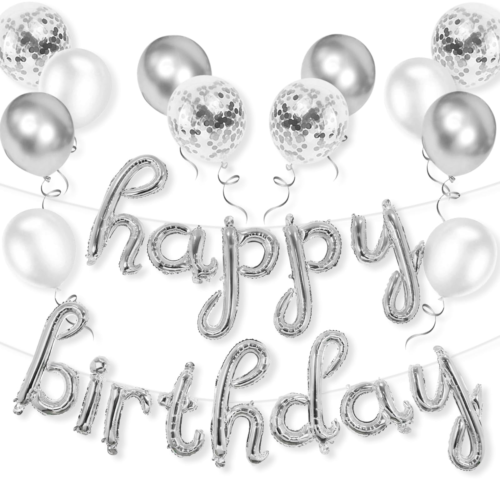 Silver Happy Birthday Balloons Banner,25 pcs Cursive Foil Balloons Sign ...