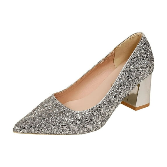 Silver High Heel Shoes For Ladies Sequin Square Heel Pointed-Toe ...