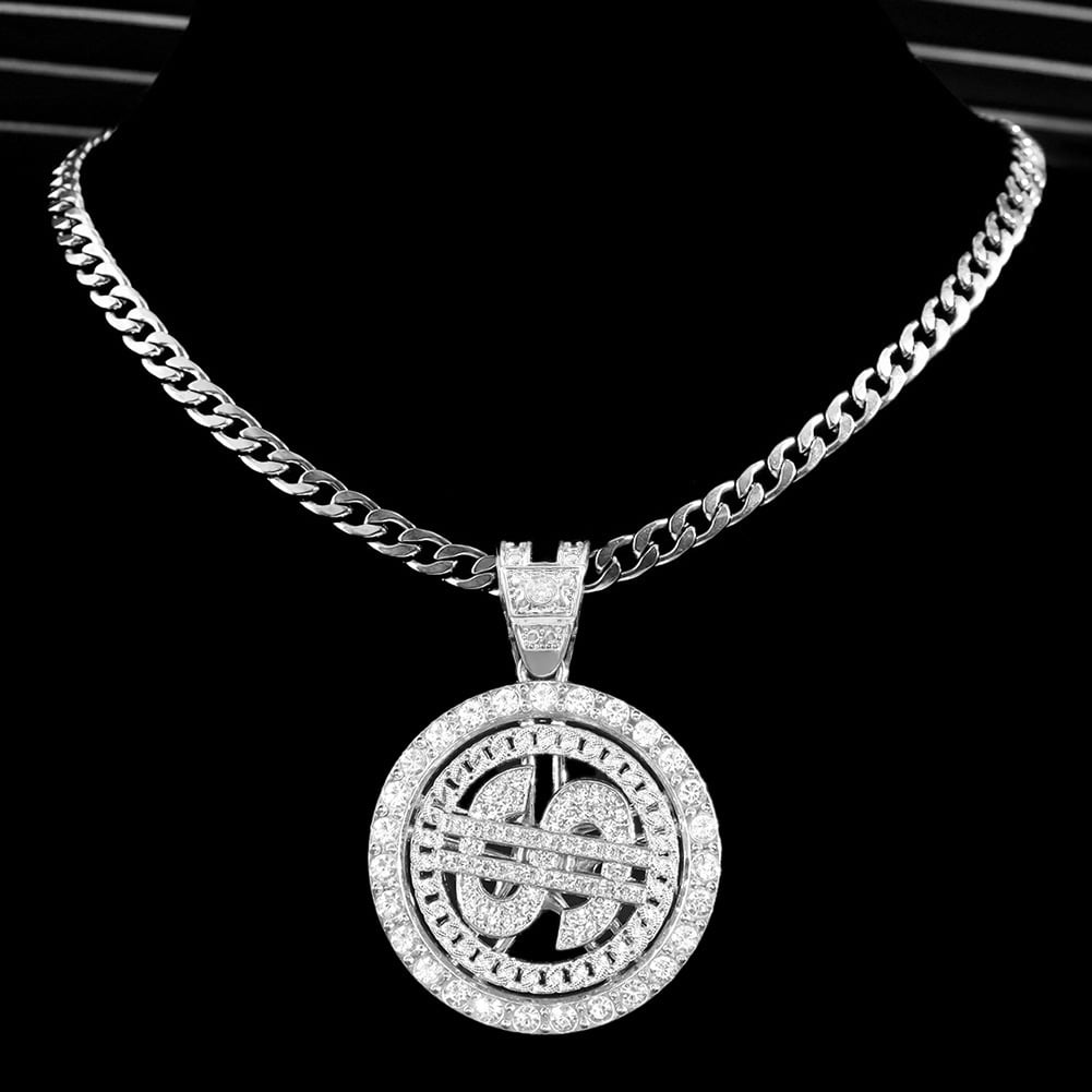Silver Iced Out Bling Rhinestone Dollar Pendant Men‘s Necklace with ...
