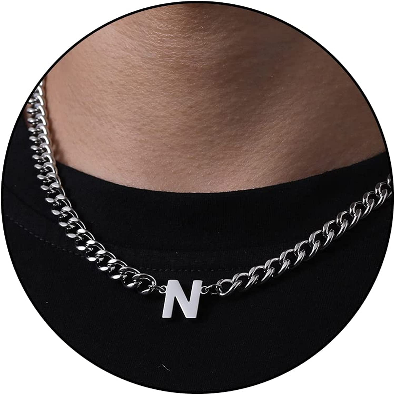 Silver Initial A-Z Cuban Link Chain Necklace for Men Women Letter ...