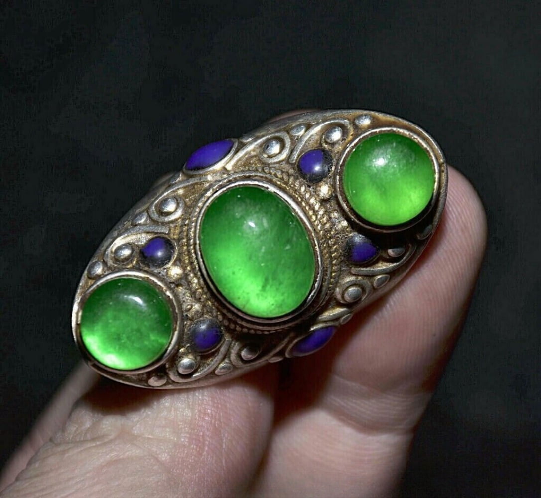 Silver Inlay Green Jade Gem Dynasty Palace Ring Rare Marked Ancient ...